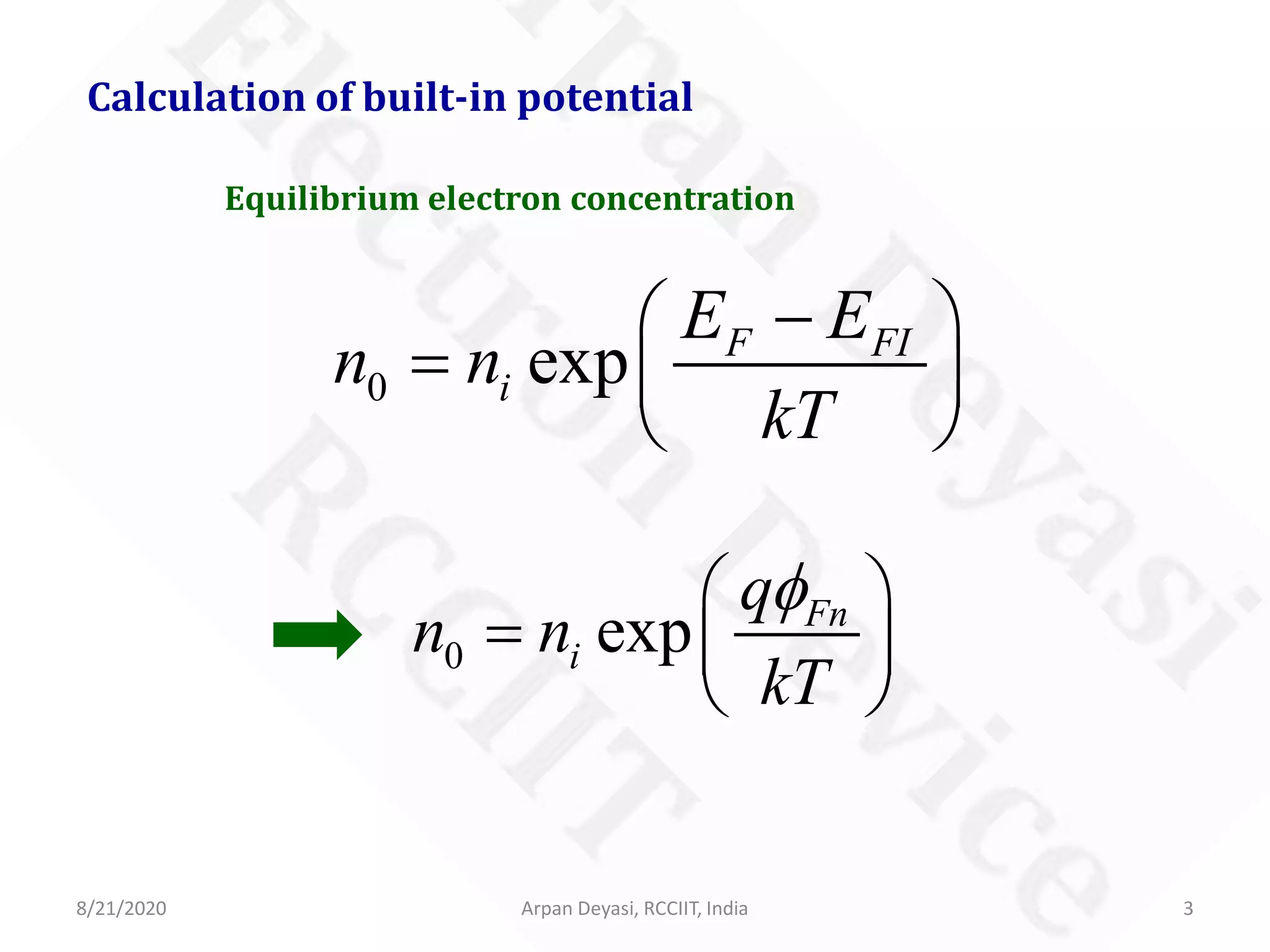Built-in potential and extrinsic Fermi level in p-n junction diode | PDF