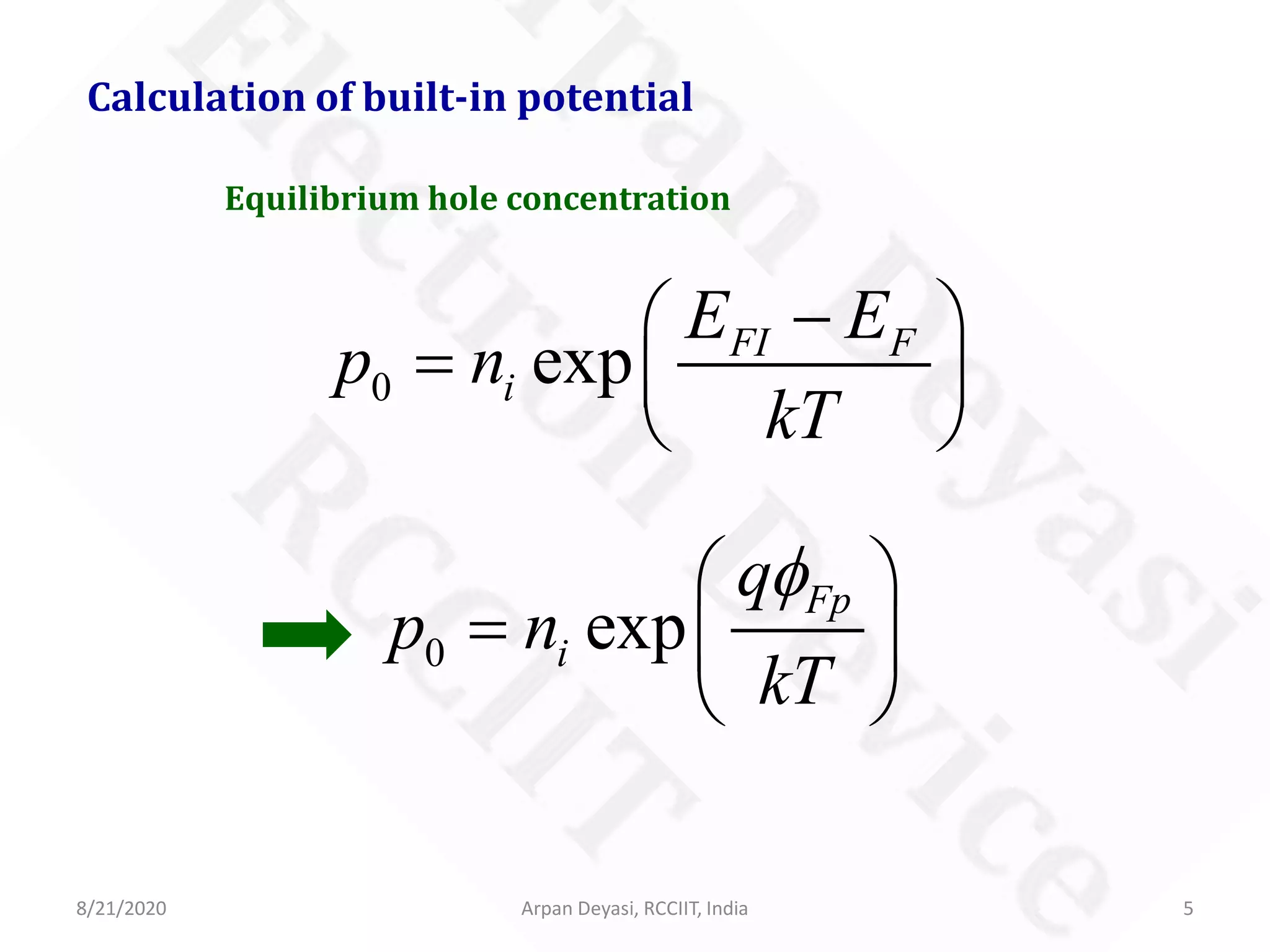 Built-in potential and extrinsic Fermi level in p-n junction diode | PDF