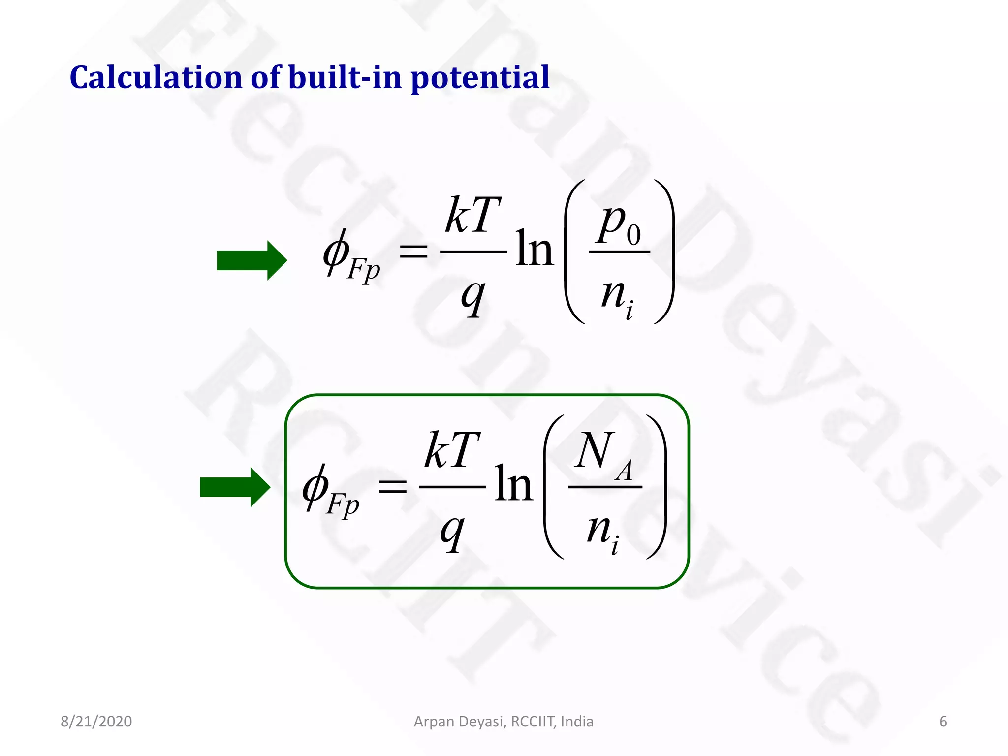Built-in potential and extrinsic Fermi level in p-n junction diode | PDF