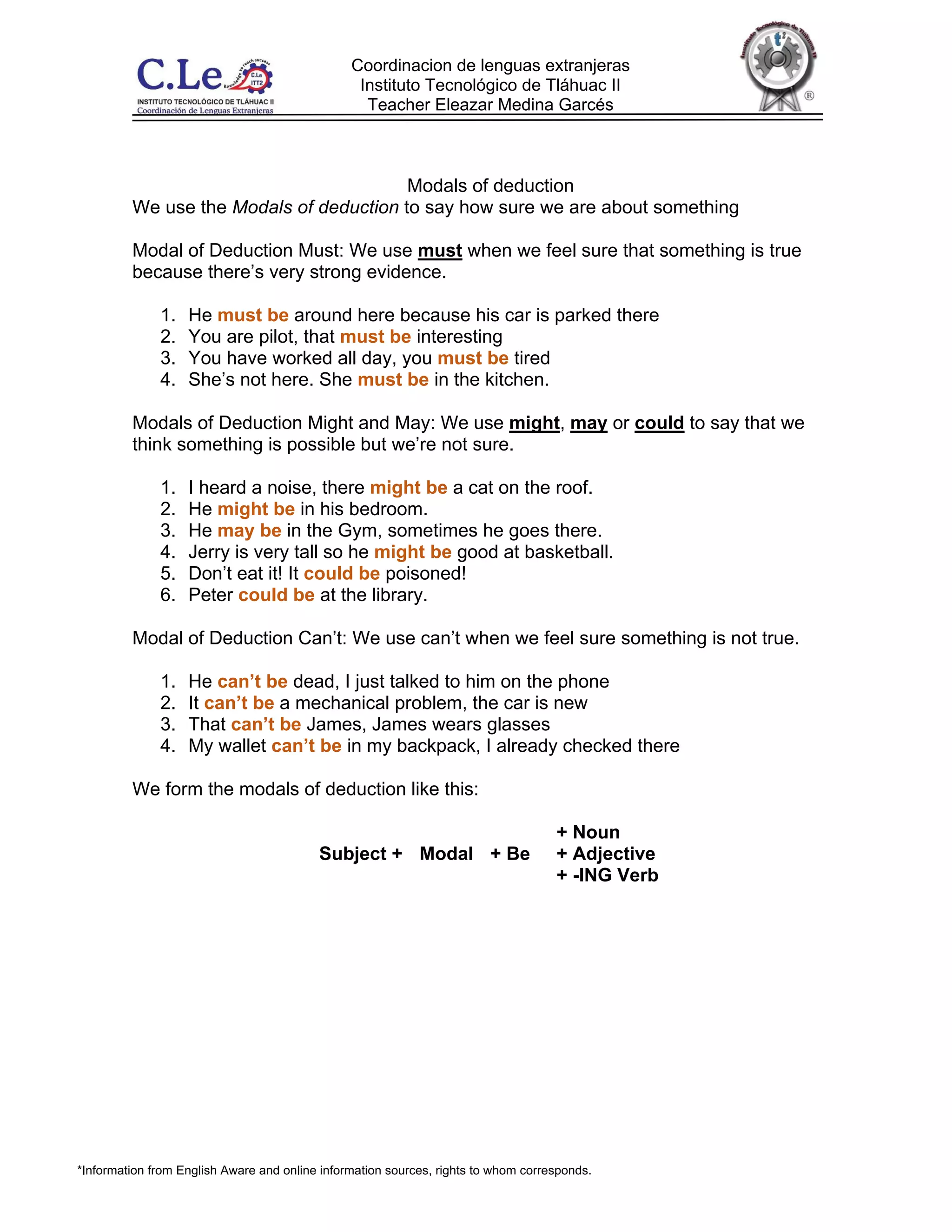 Modals of deduction english class | PDF