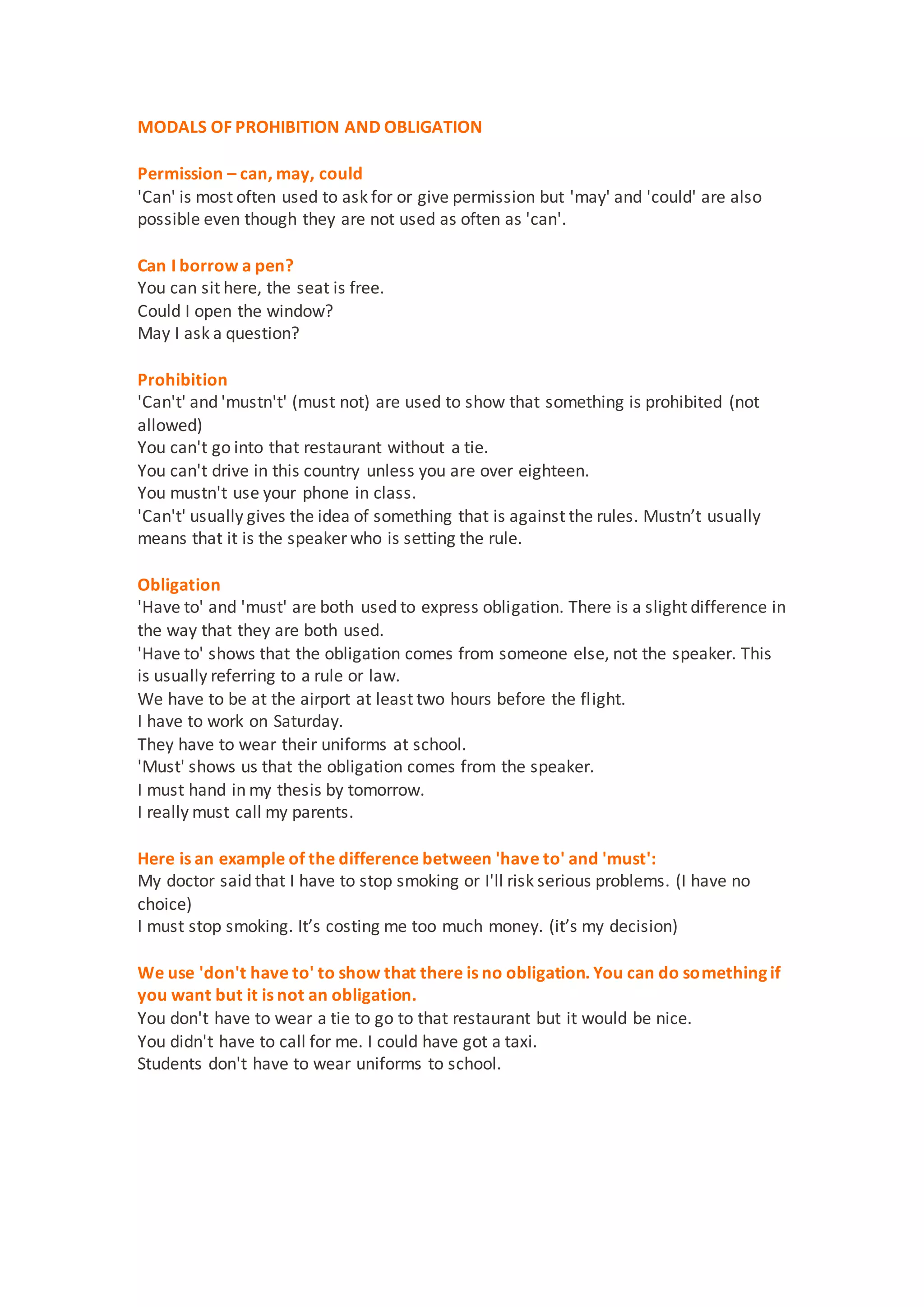 Modals of prohibition and obligation | PDF