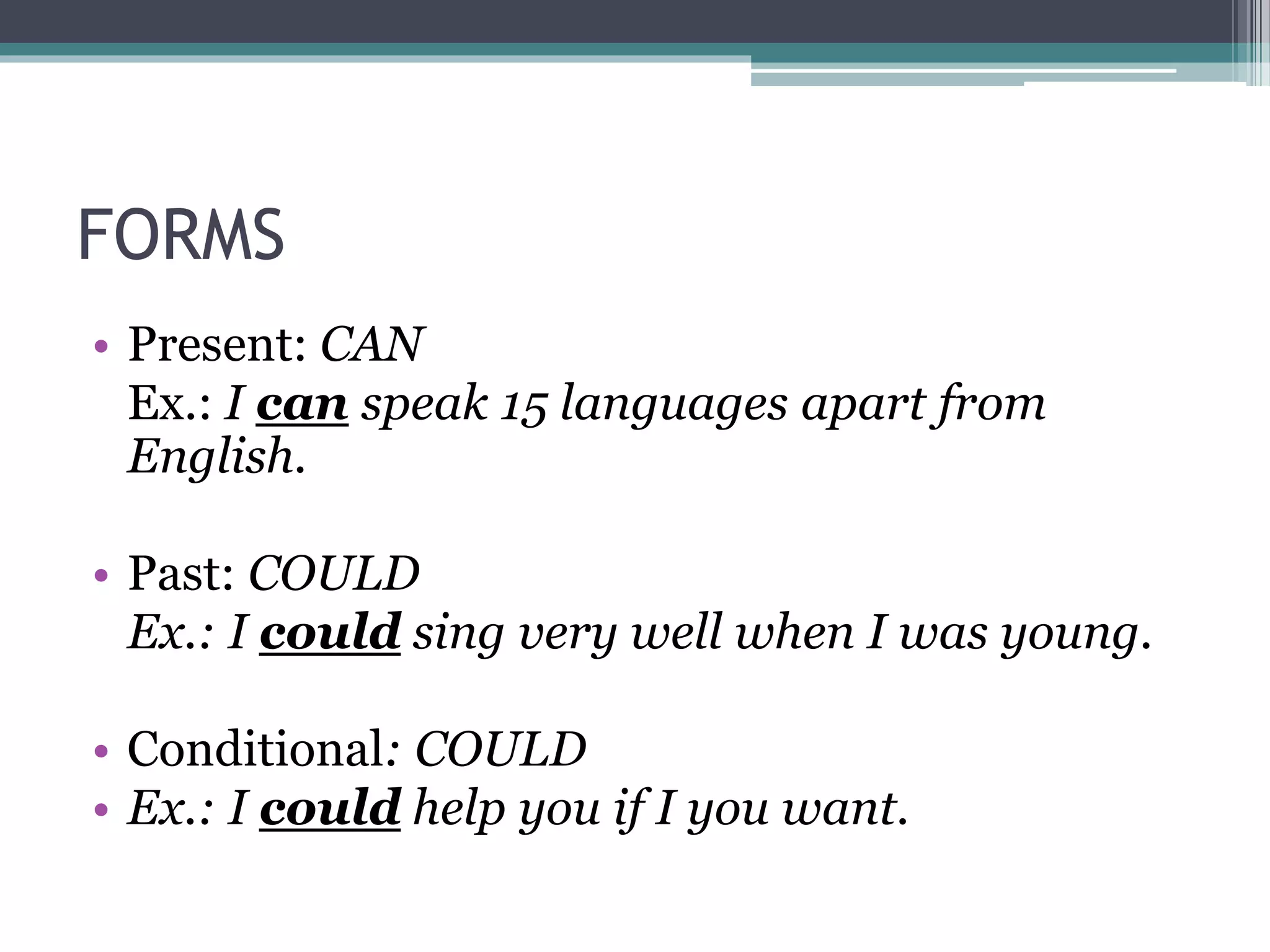 Modal verbs can could | PPTX