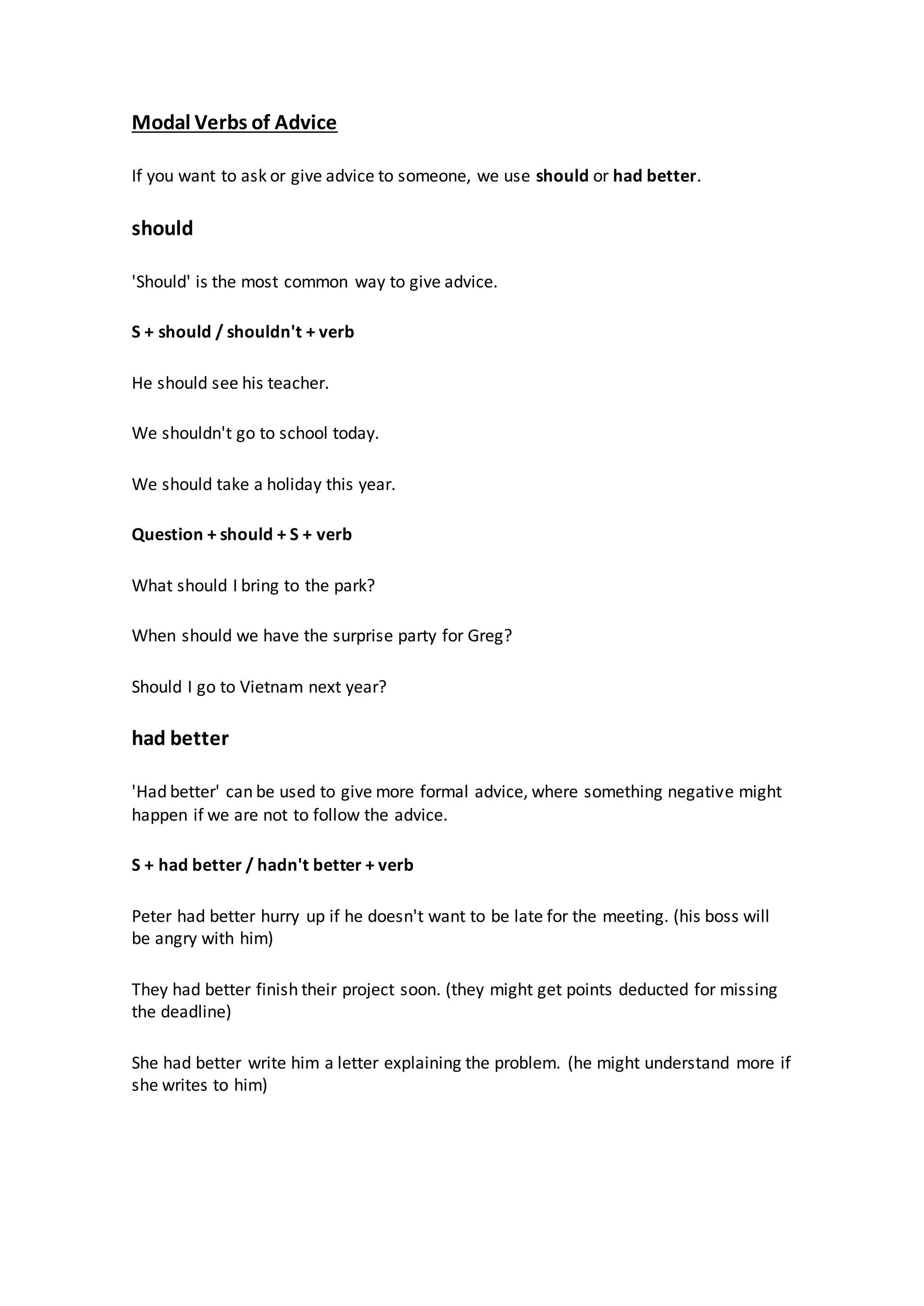 Modal verbs of advice | DOC