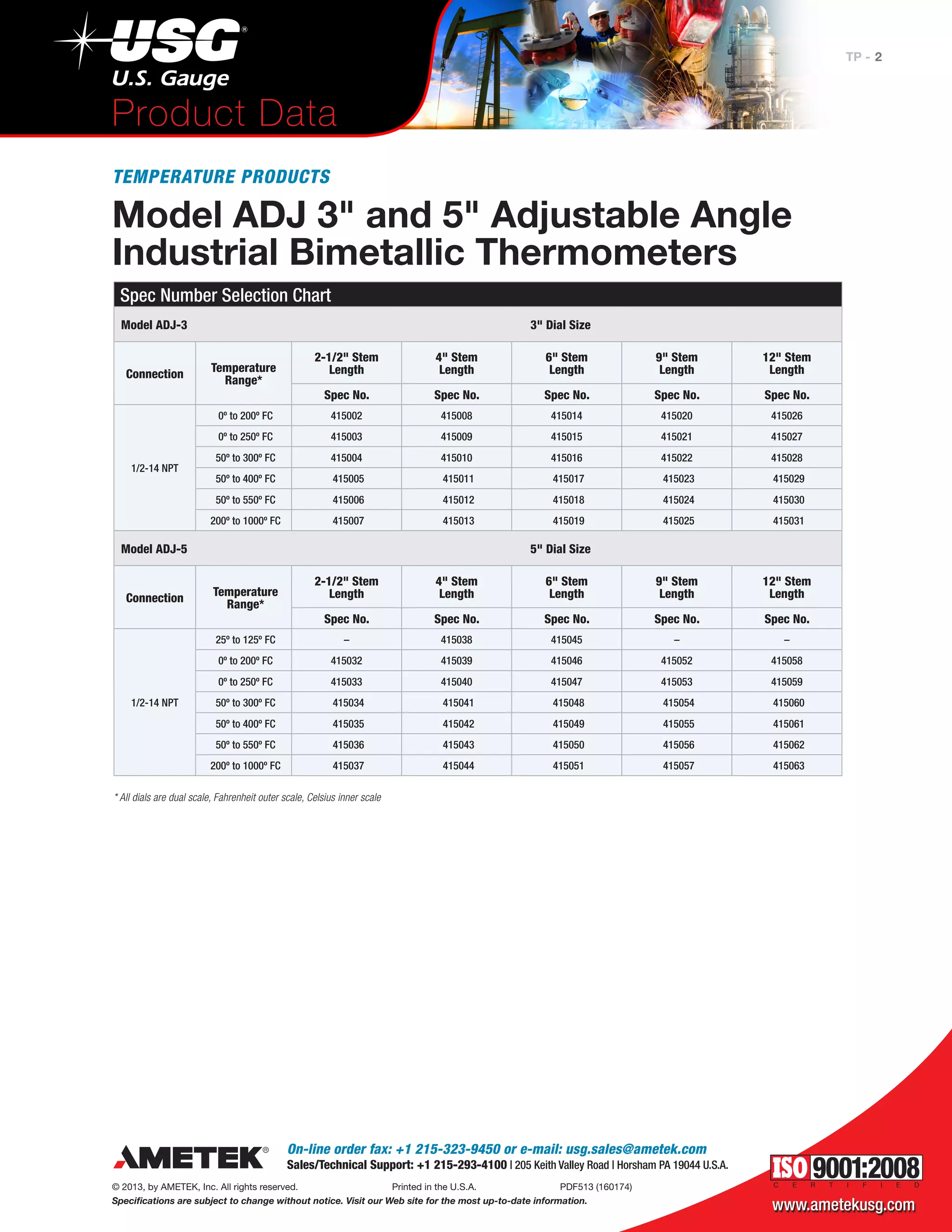 Industrial Bimetallic Thermometers: 3 and 5 Inch Adjustable Angle | PDF