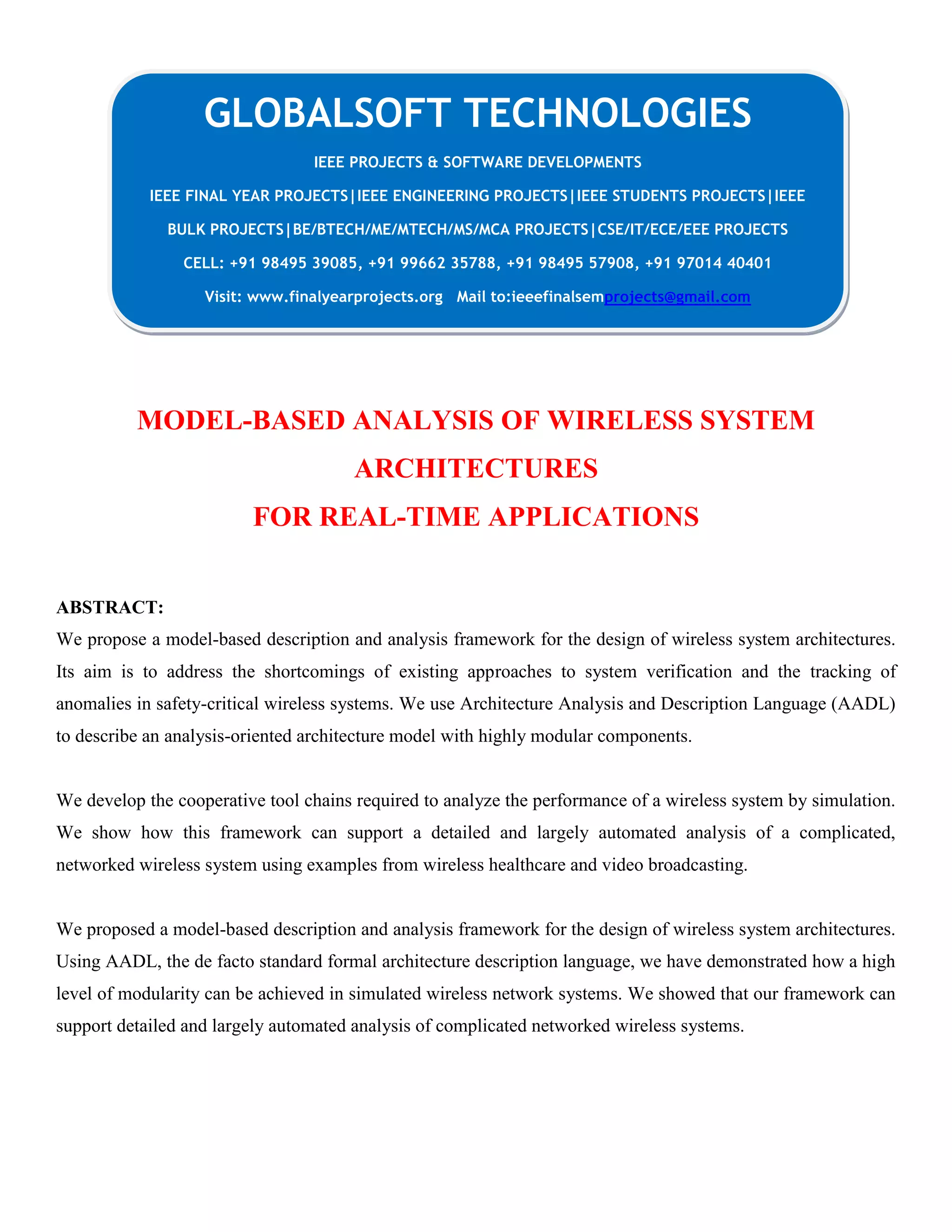 DOTNET 2013 IEEE MOBILECOMPUTING PROJECT Model based analysis of wireless system architectures ...