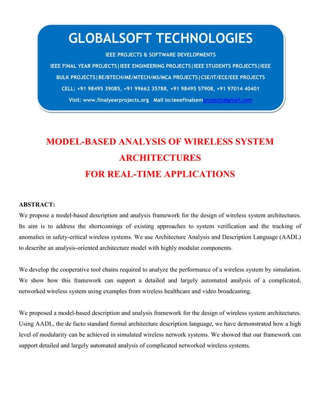DOTNET 2013 IEEE MOBILECOMPUTING PROJECT Model based analysis of wireless system architectures ...