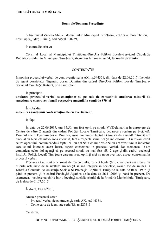 Model de-contestatie-proces-verbal-pentru-amenzi | PDF