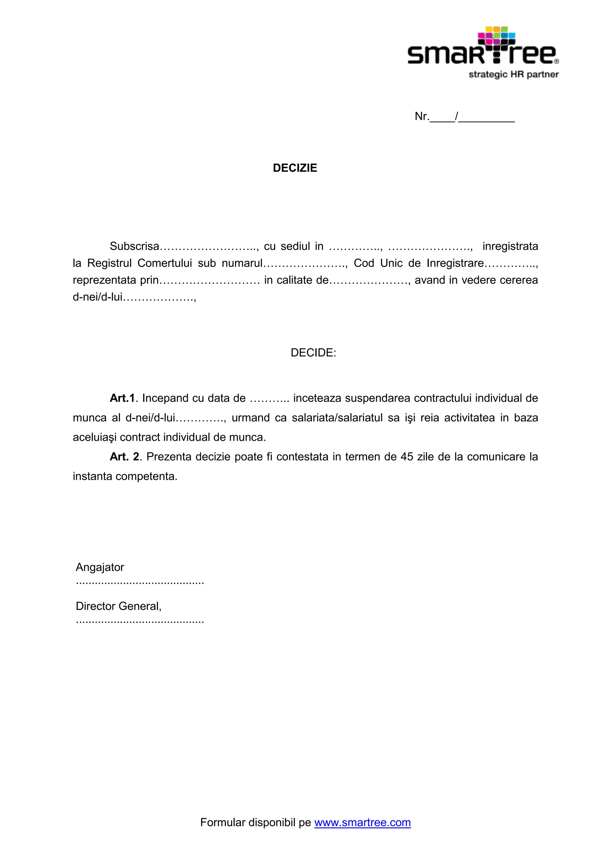 Model decizie incetare suspendare contract de munca | DOCX