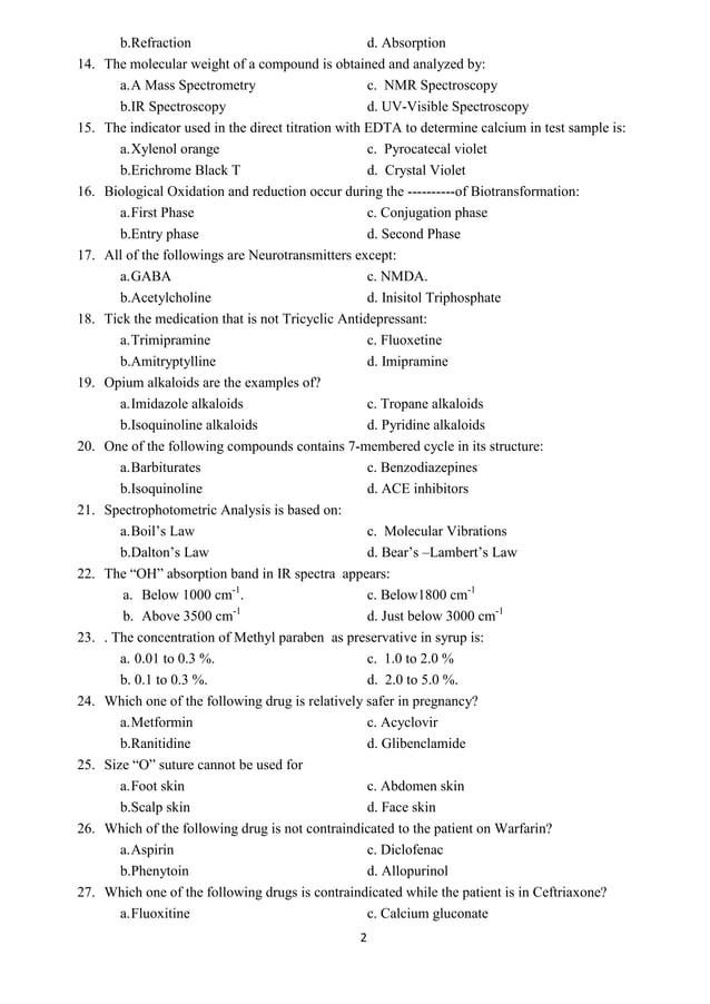 Model questions for Graduate Pharmacy Student | PDF