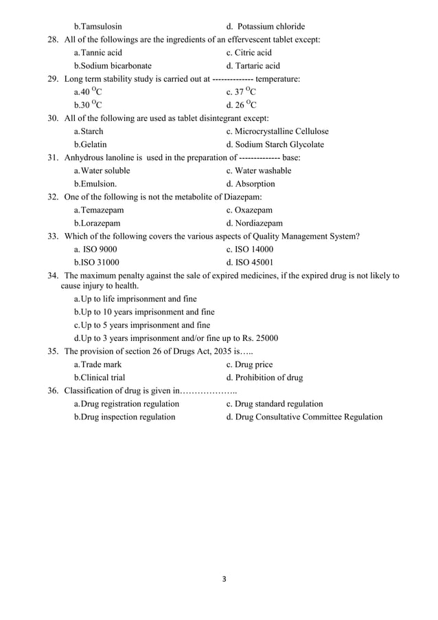 Model questions for Graduate Pharmacy Student | PDF
