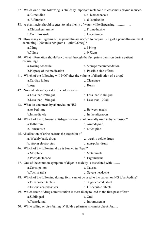 Model questions for Graduate Pharmacy Student | PDF