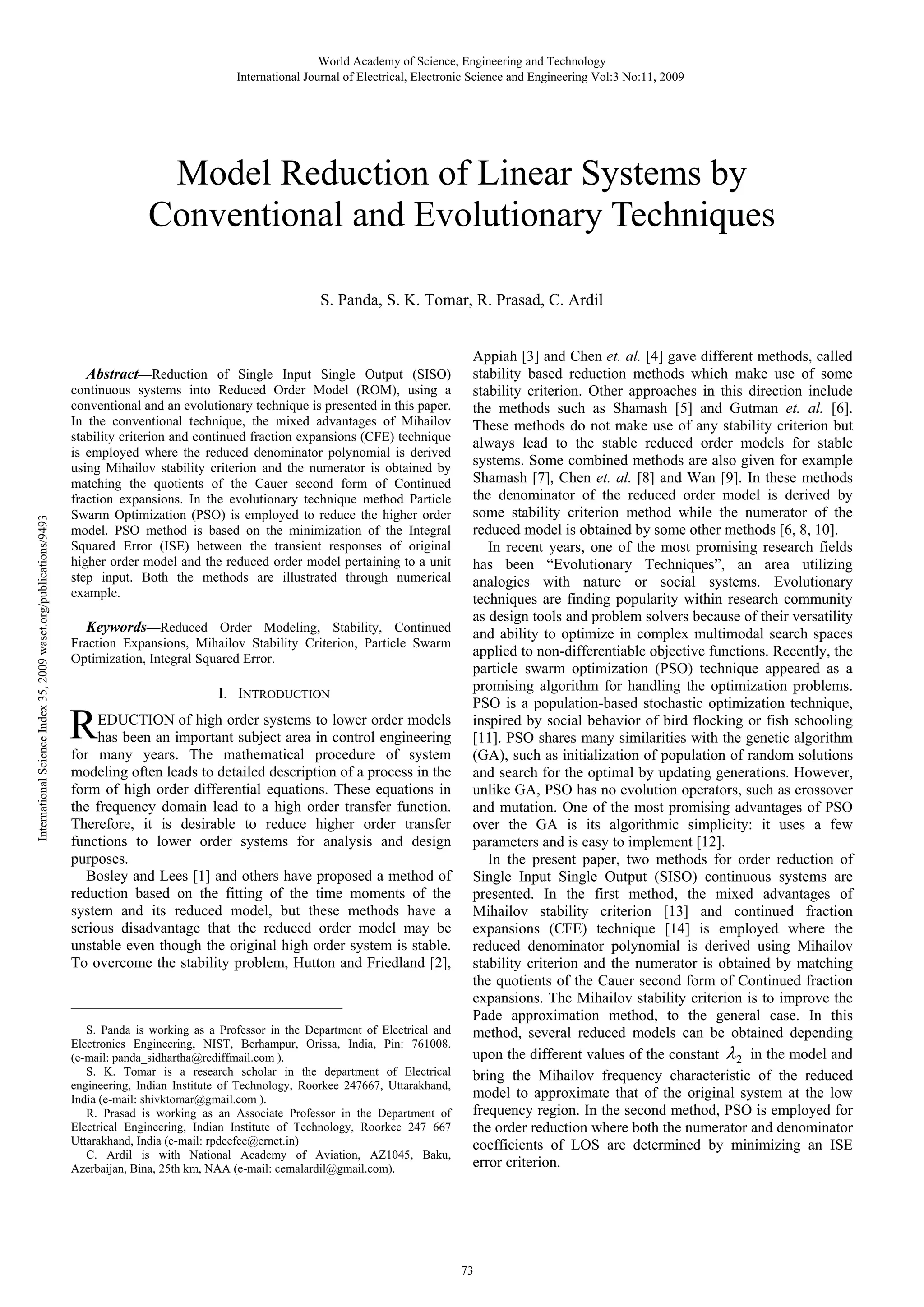 Model Reduction Of Linear Systems By Conventional And Evolutionary