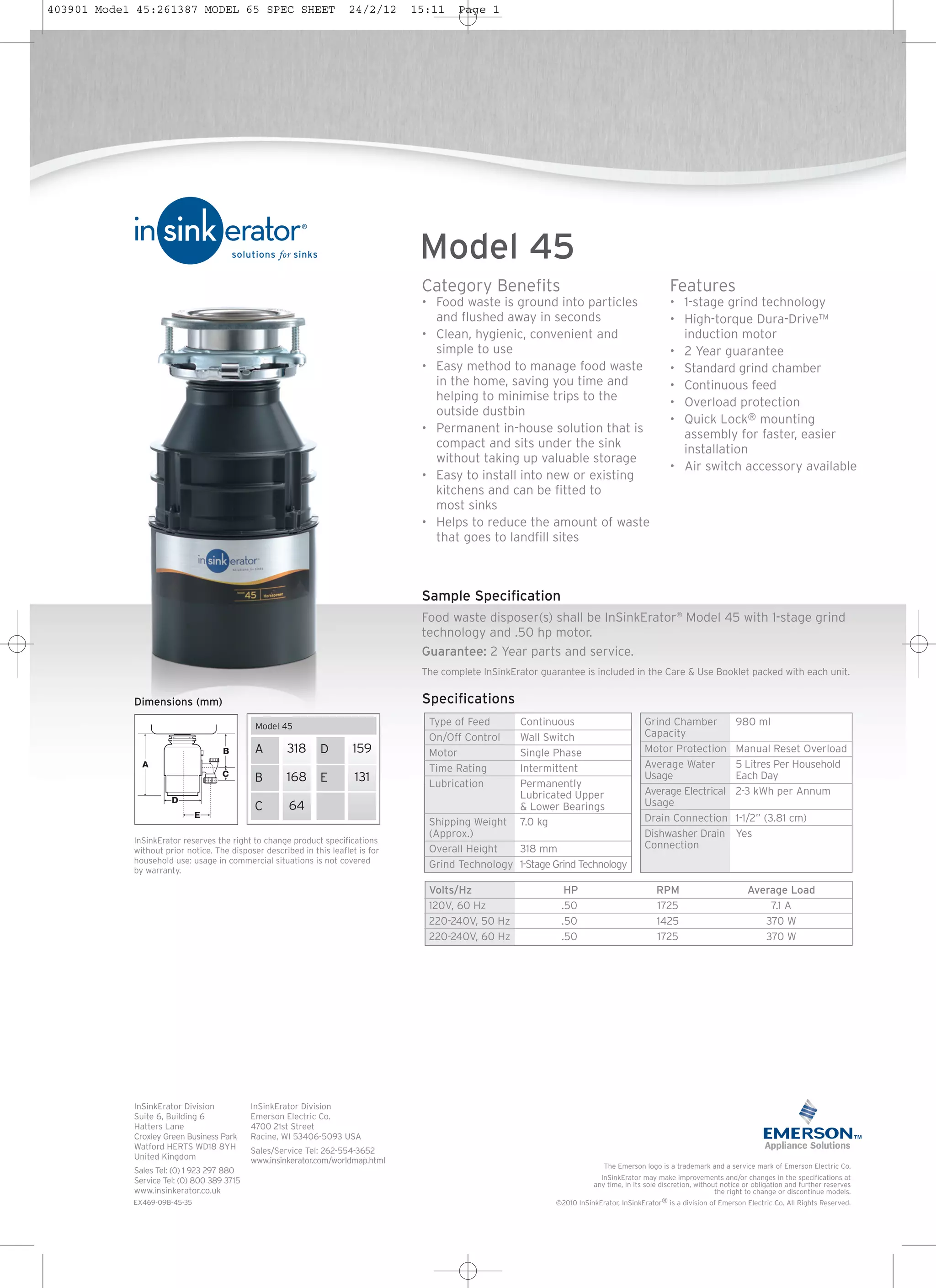 InSinkErator Model 45 Food Waste Disposer | PDF