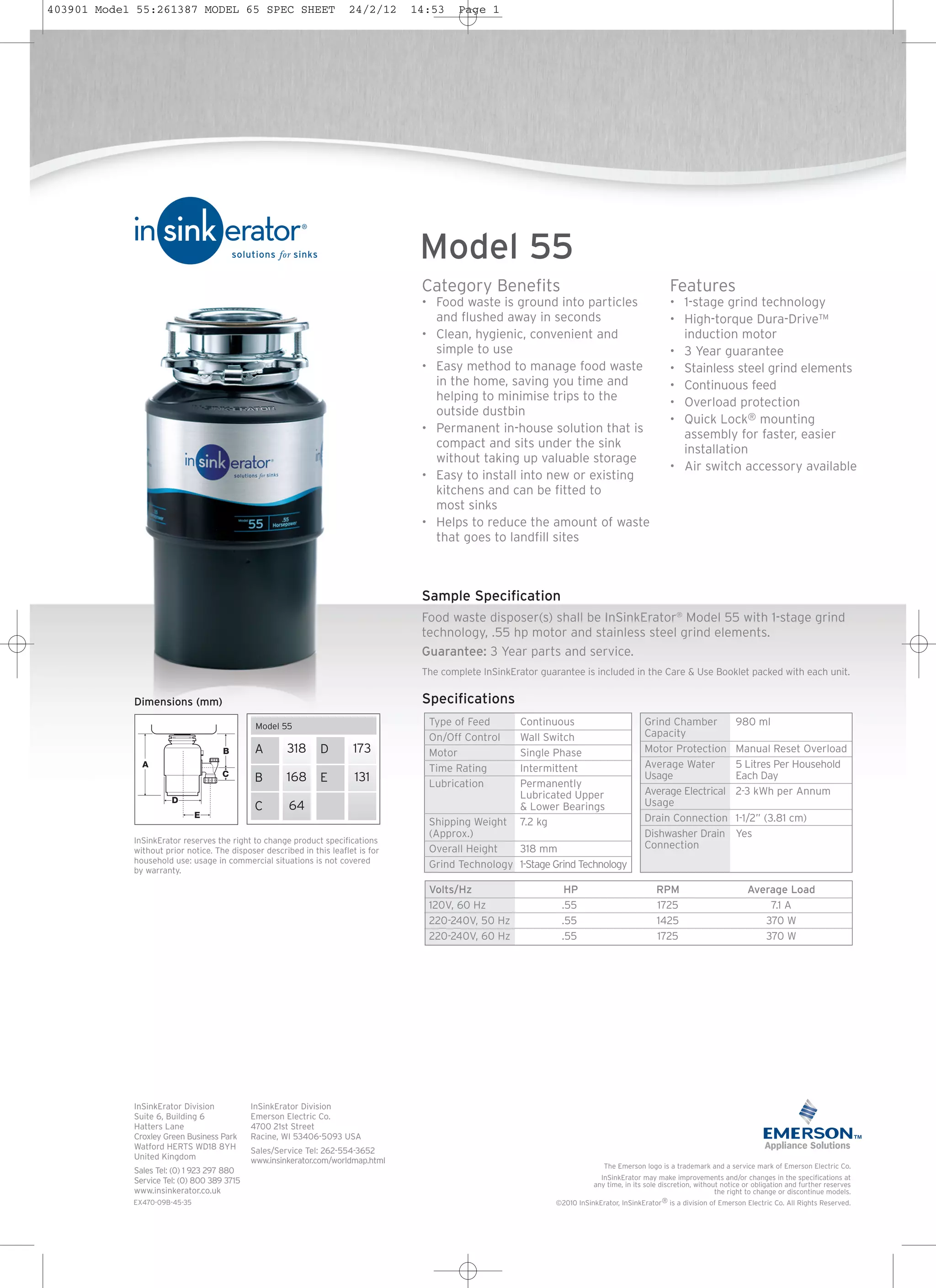 InSinkErator Model 55 Food Waste Disposer | PDF