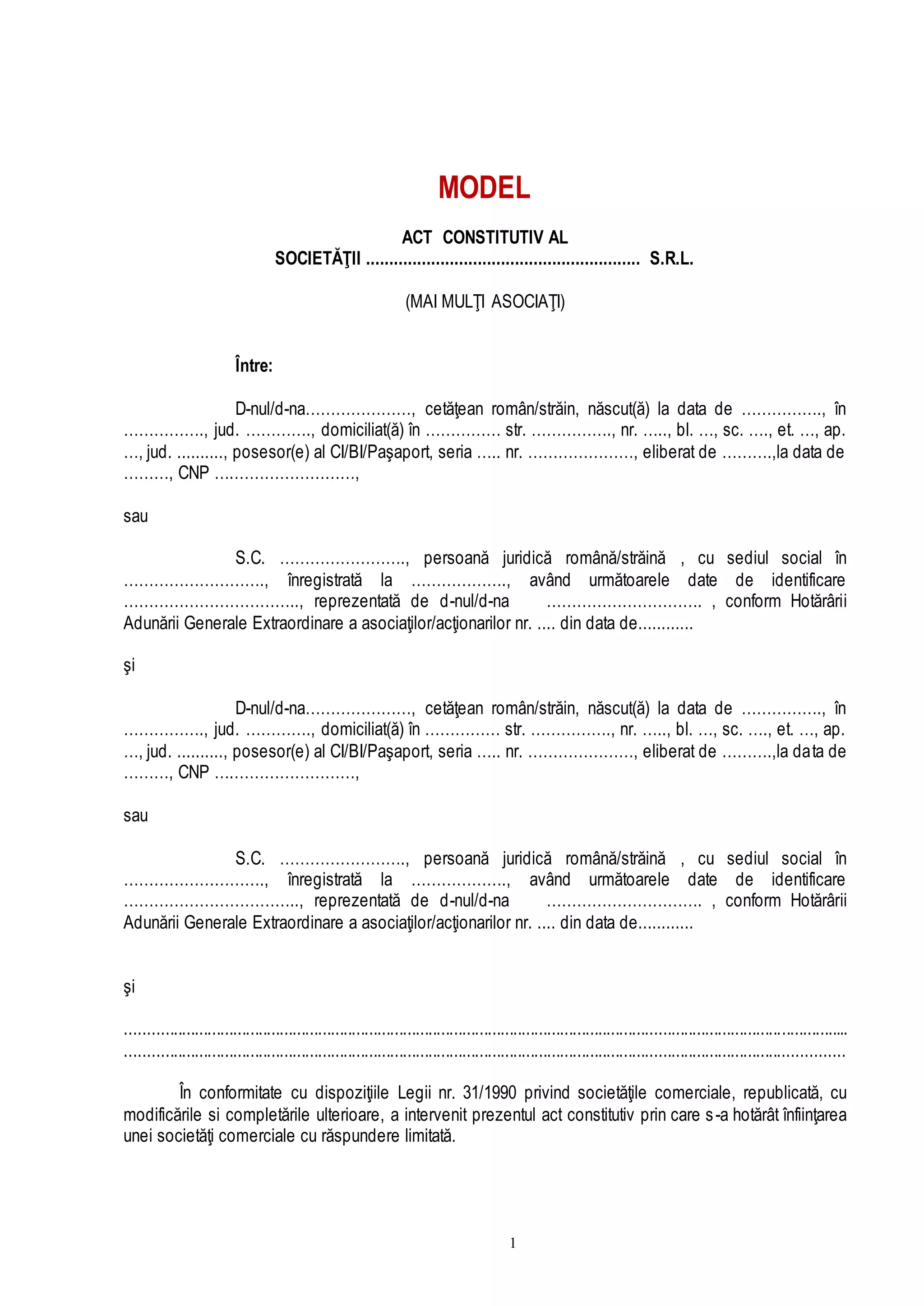 Model act constitutiv onrc pentru srl (1) | DOC