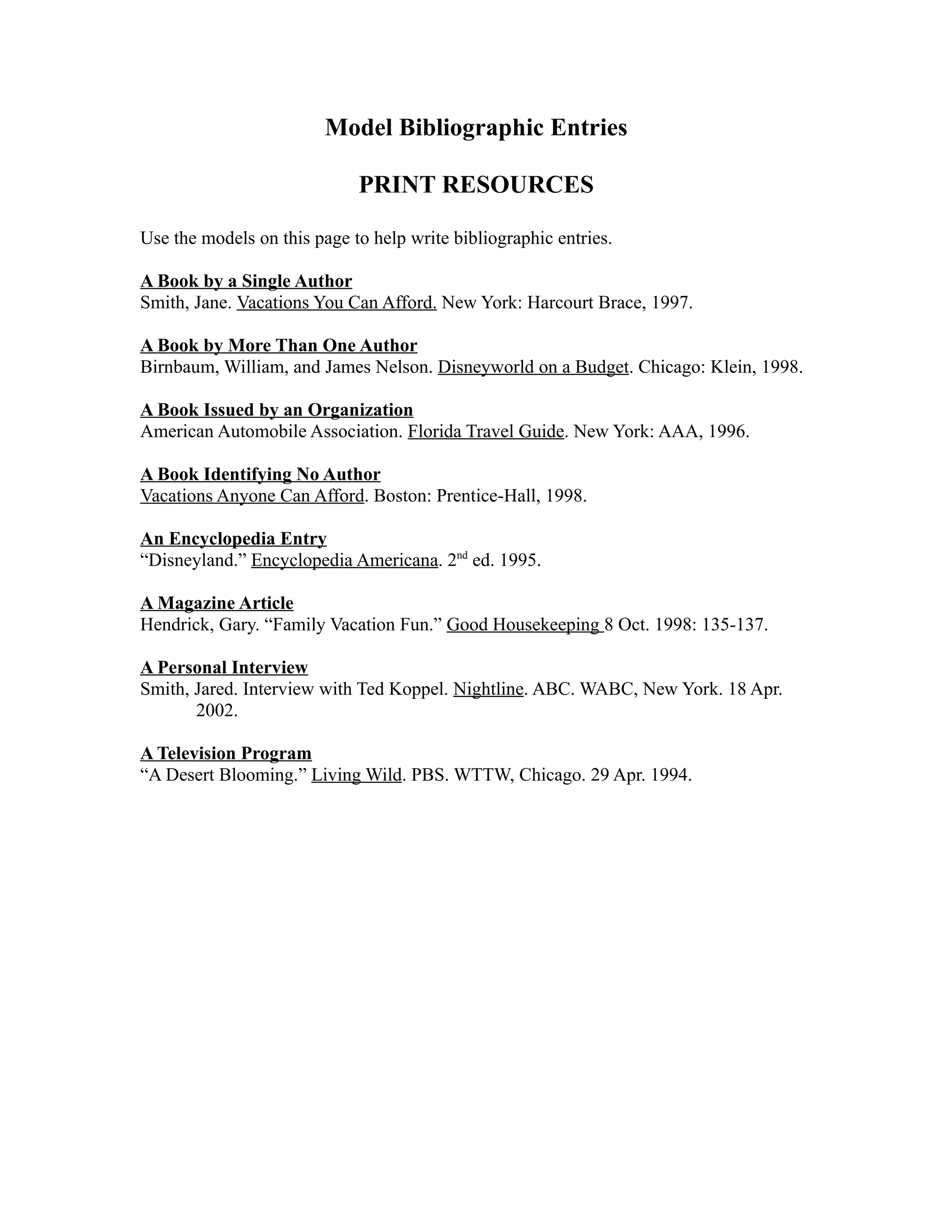 Model bibliographic entries | DOC