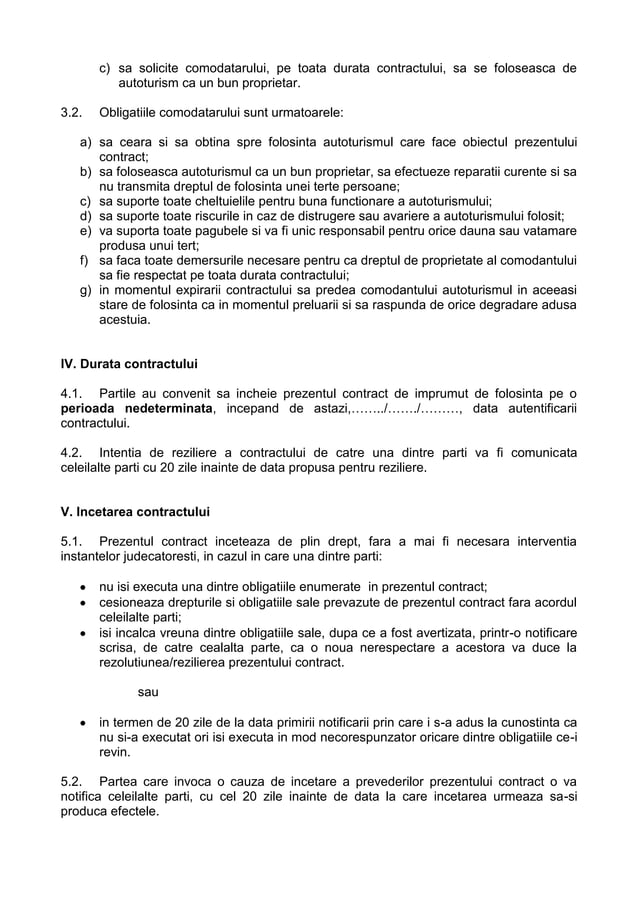 Model contract comodat auto | DOC