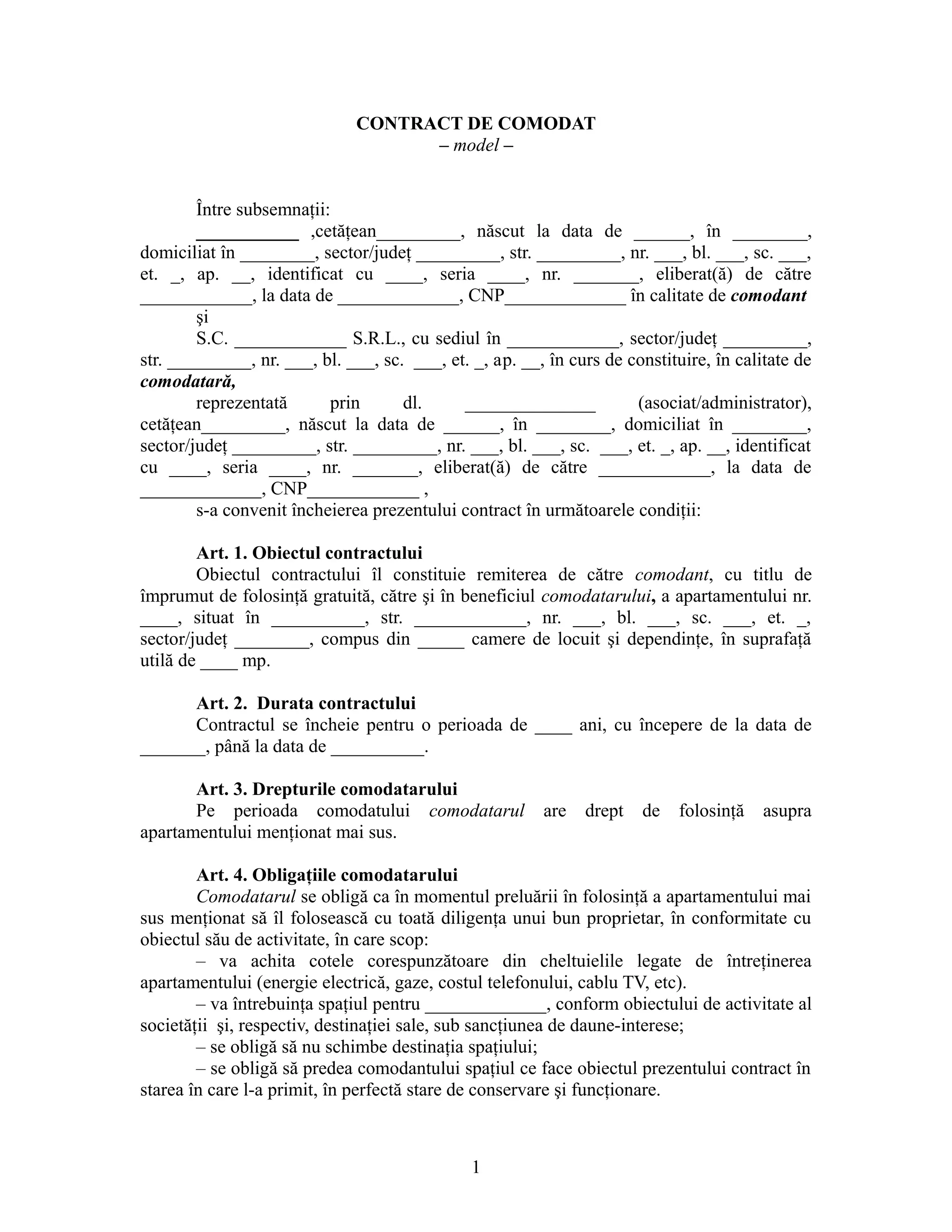Model contract de comodat locuinta laurentiu mihai | RTF
