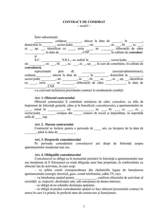 Model contract de comodat locuinta laurentiu mihai | RTF