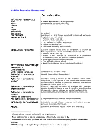 Model de curriculum vitae european | DOC