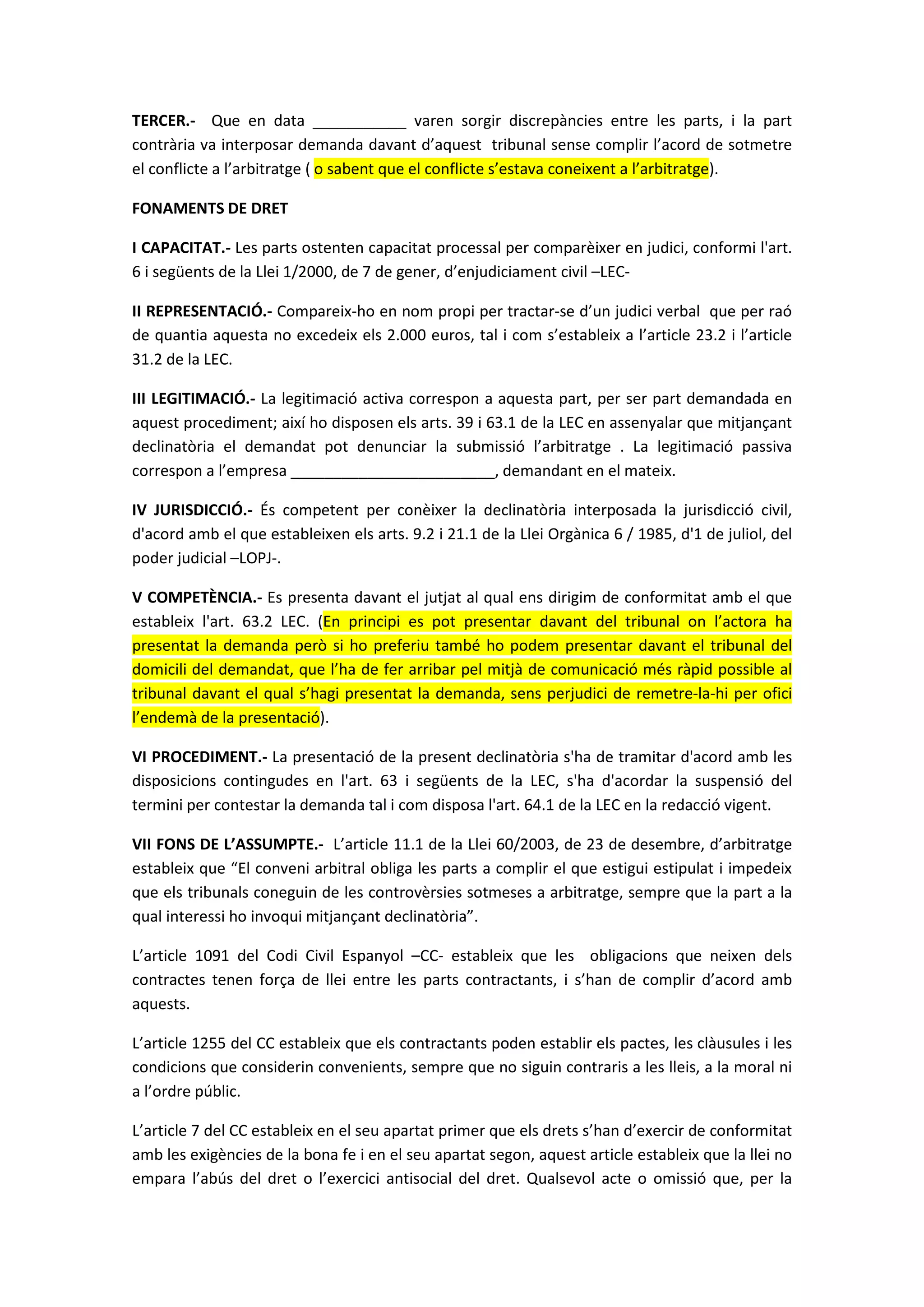 Model de declinatòria per submissió a l'arbitratge de consum | PDF
