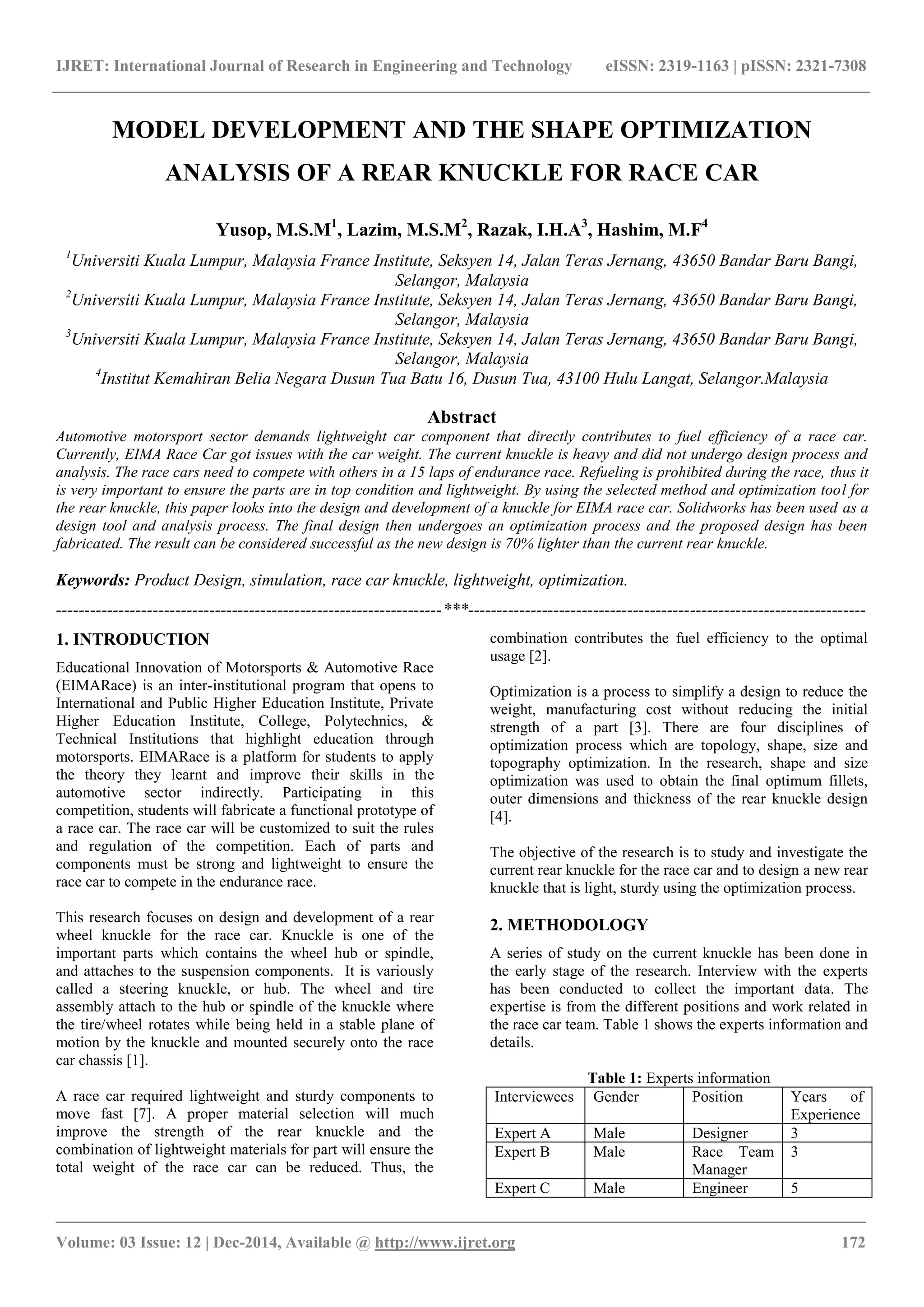 Model development and the shape optimization analysis of a rear knuckle ...