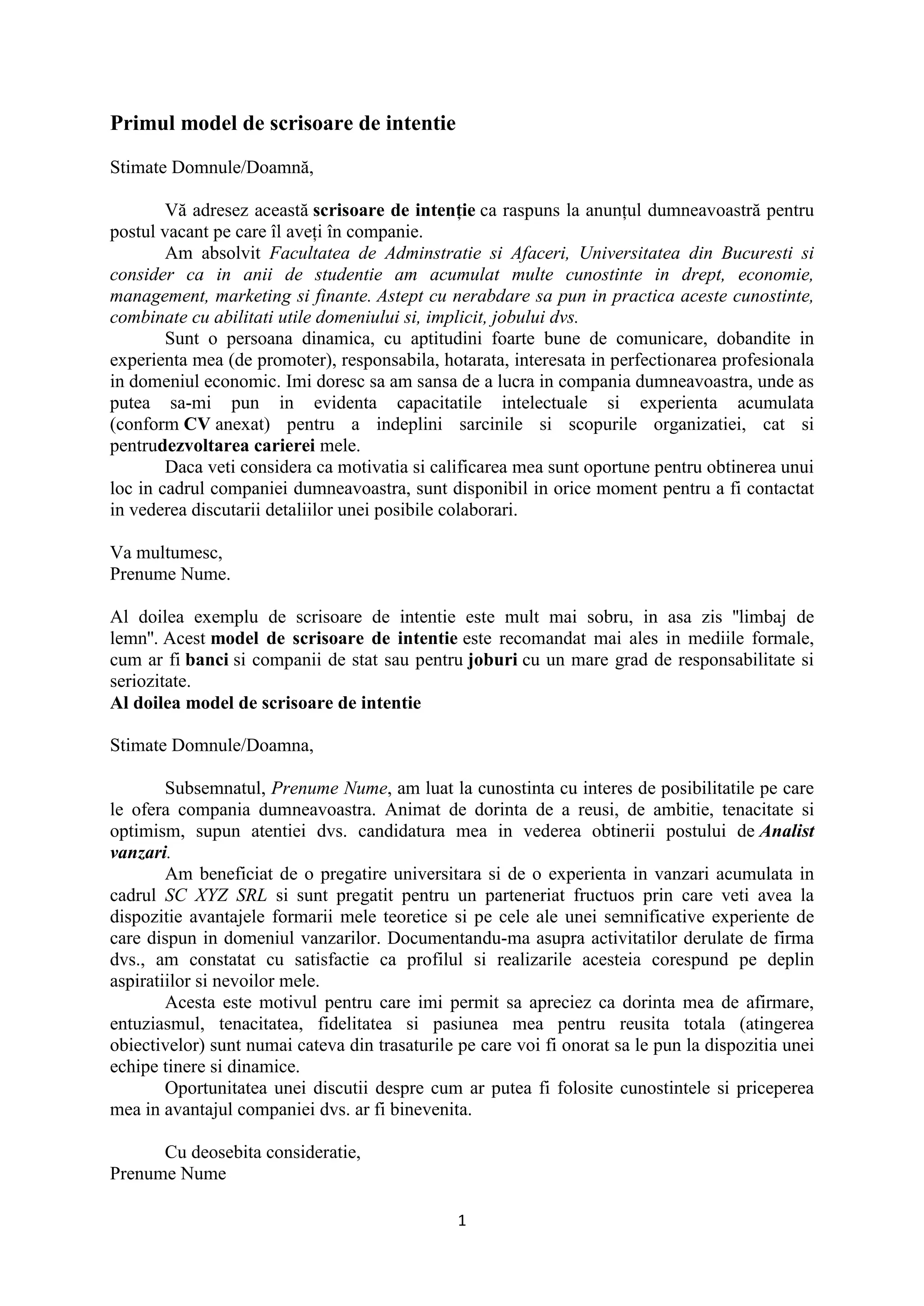 Modele de scrisoare de intentie | DOCX