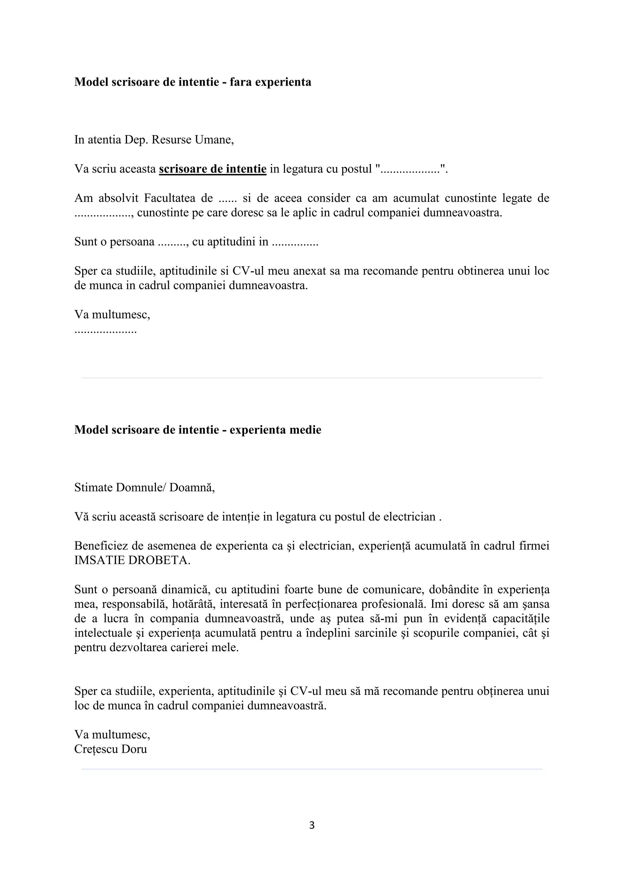 Modele de scrisoare de intentie | DOCX