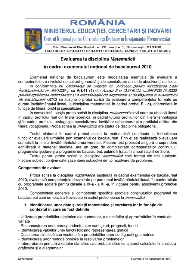 Modele si variante bac matematica m1 2010 (model oficial) | PDF