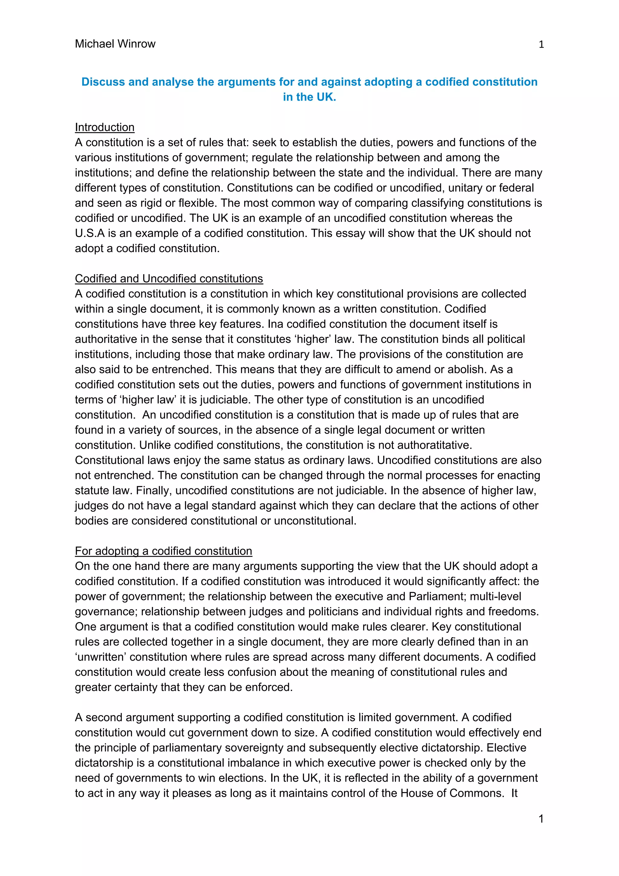 Model essay should the uk adopt a codified constitution | PDF