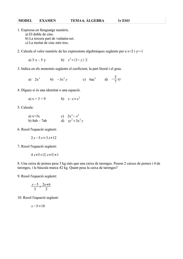 Model examen tema 6. àlgebra 1r eso | PDF