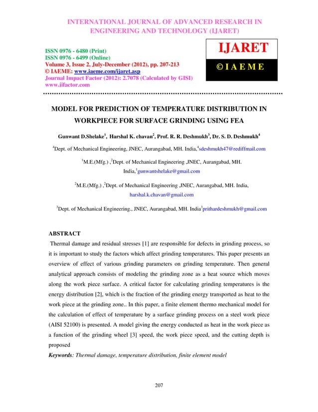 Model for prediction of temperature distribution in workpiece for surface grinding using fea | PDF