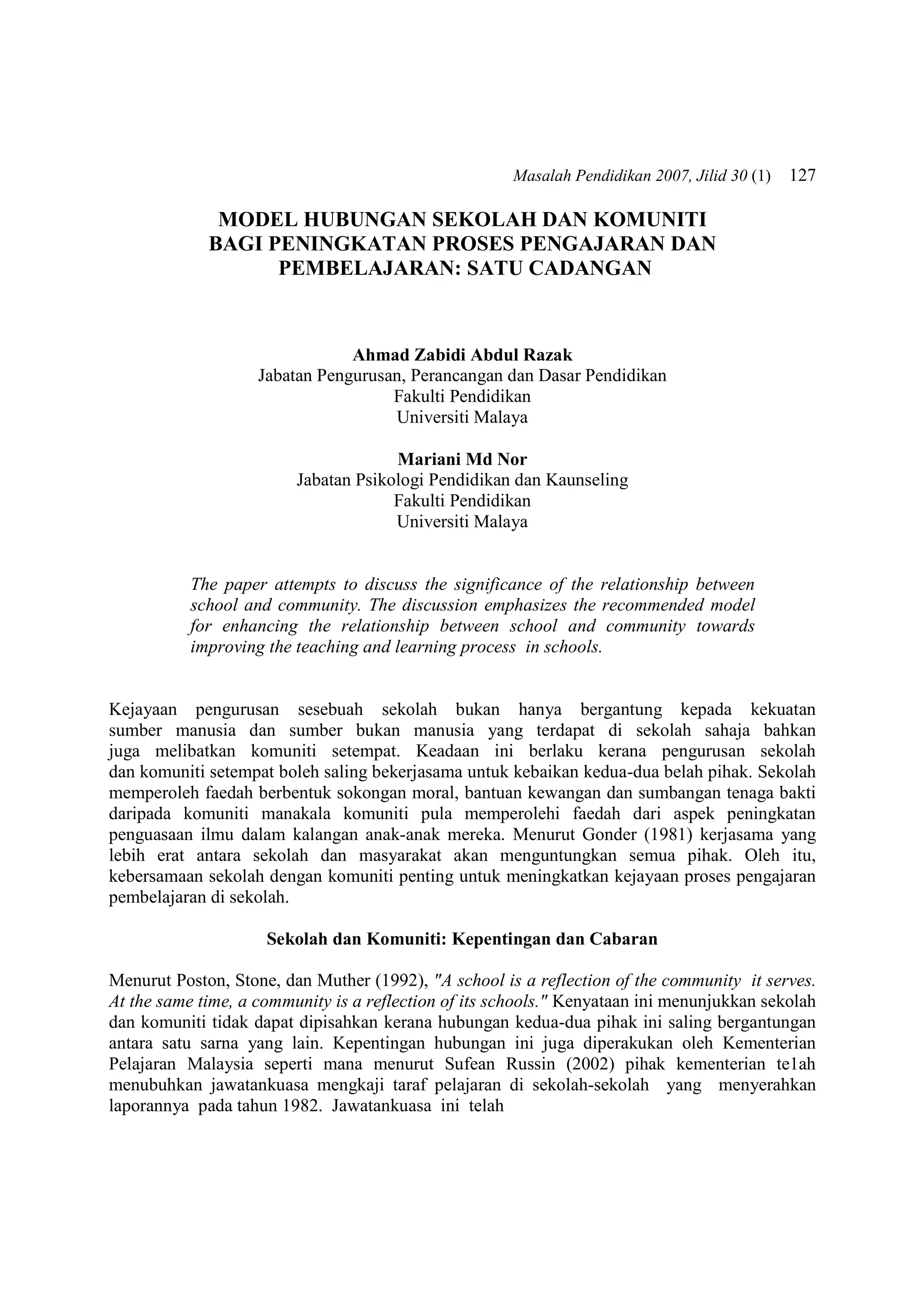 Model hubungan sekolah dan komuniti bagi peningkatan p&p | PDF