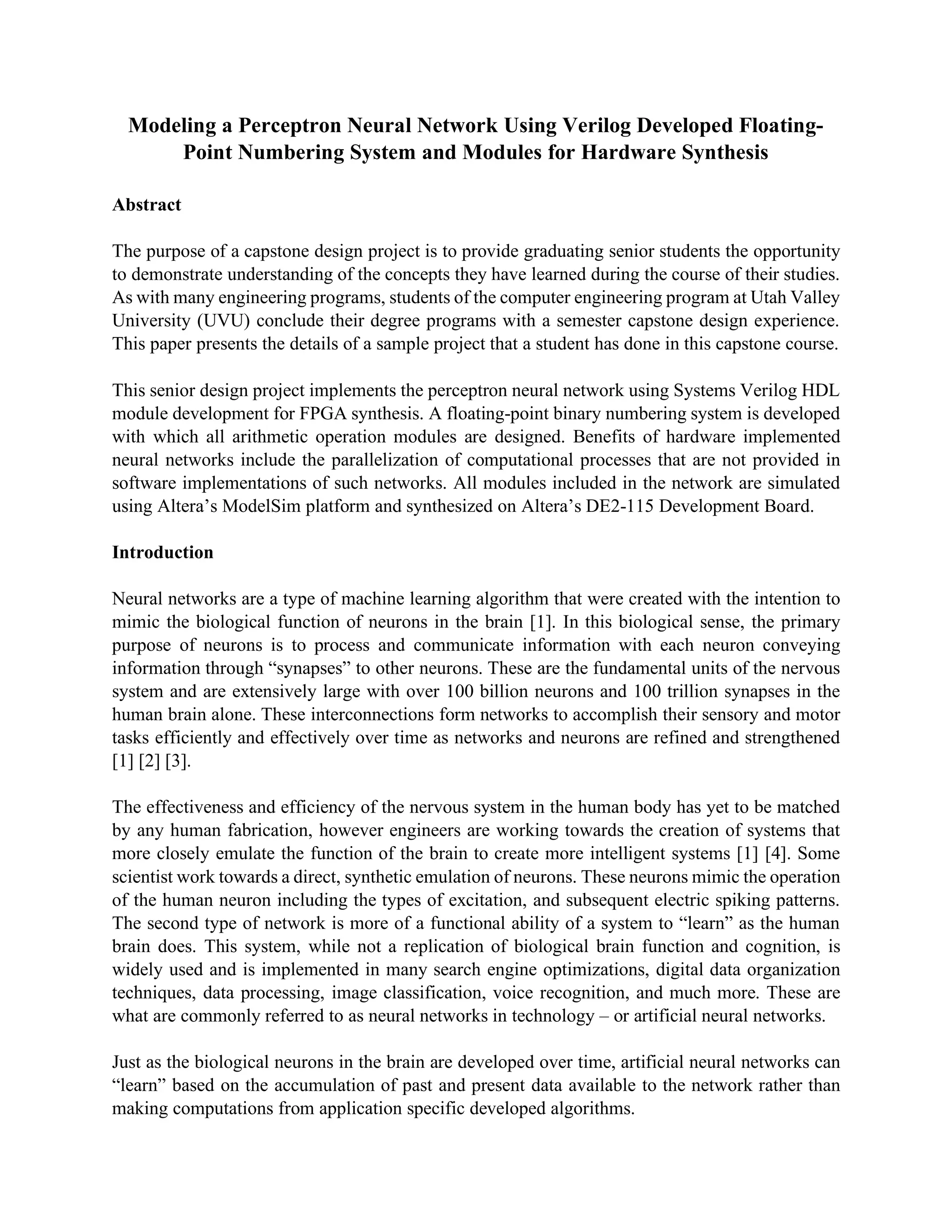 Modeling A Perceptron Neuron Using Verilog Developed Floating Point Numbering System And Modules