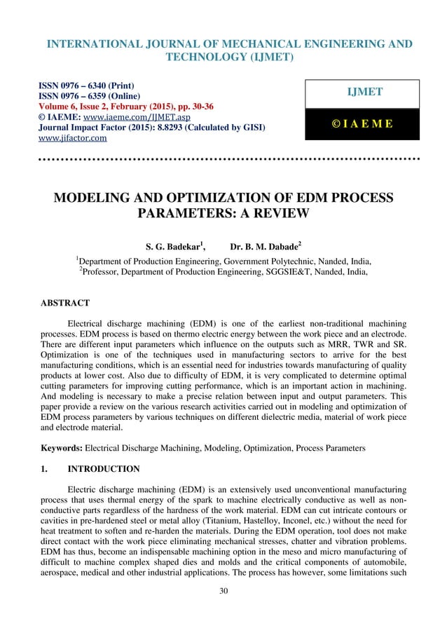 MODELING AND OPTIMIZATION OF EDM PROCESS PARAMETERS: A REVIEW | PDF