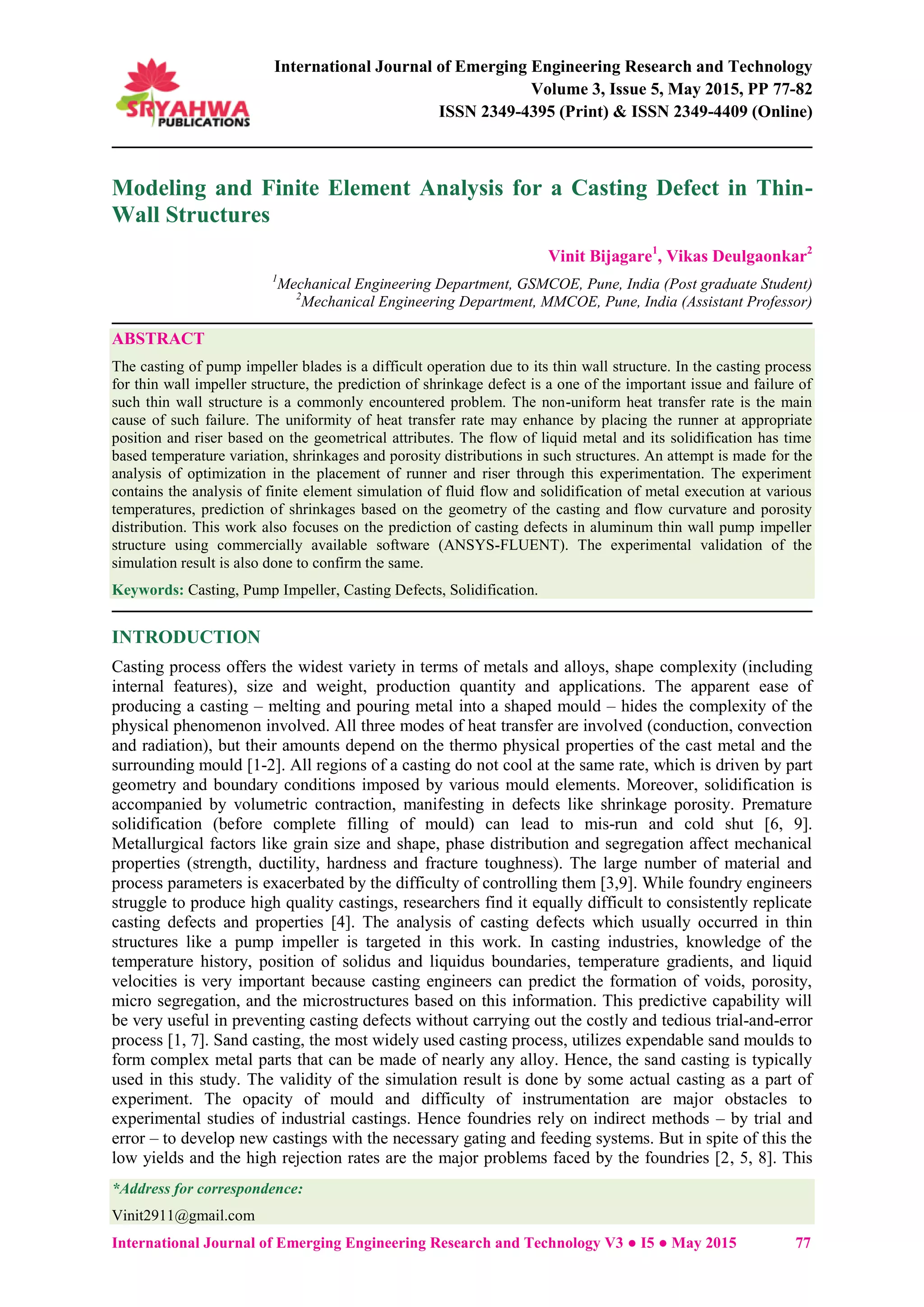 Modeling And Finite Element Analysis For A Casting Defect In Thin Wall