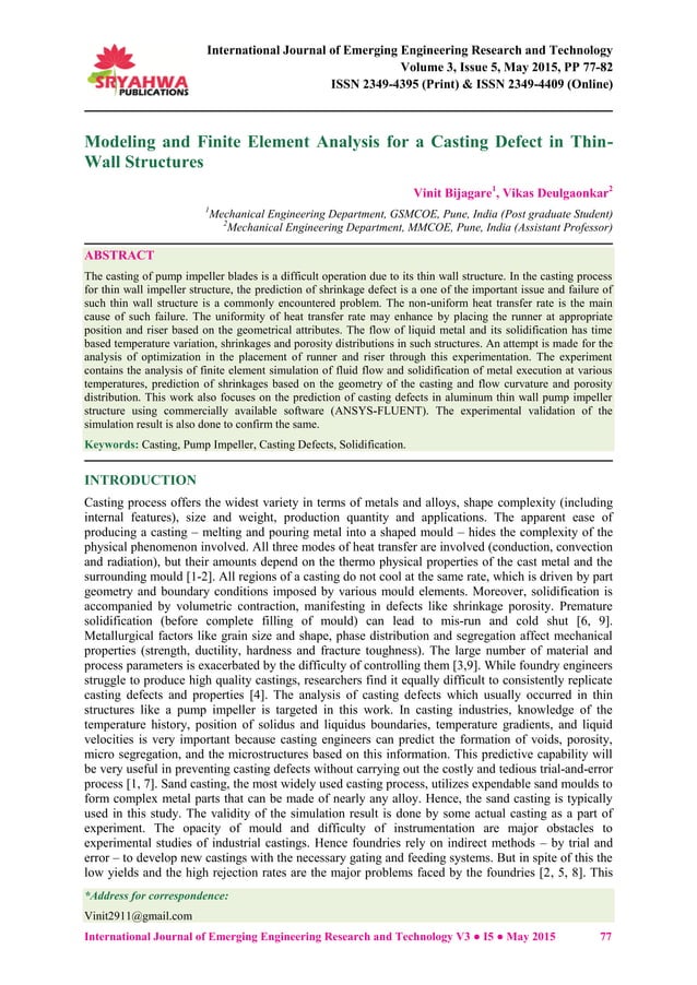 Modeling And Finite Element Analysis For A Casting Defect In Thin Wall Structures Ijeert 2015 Pdf