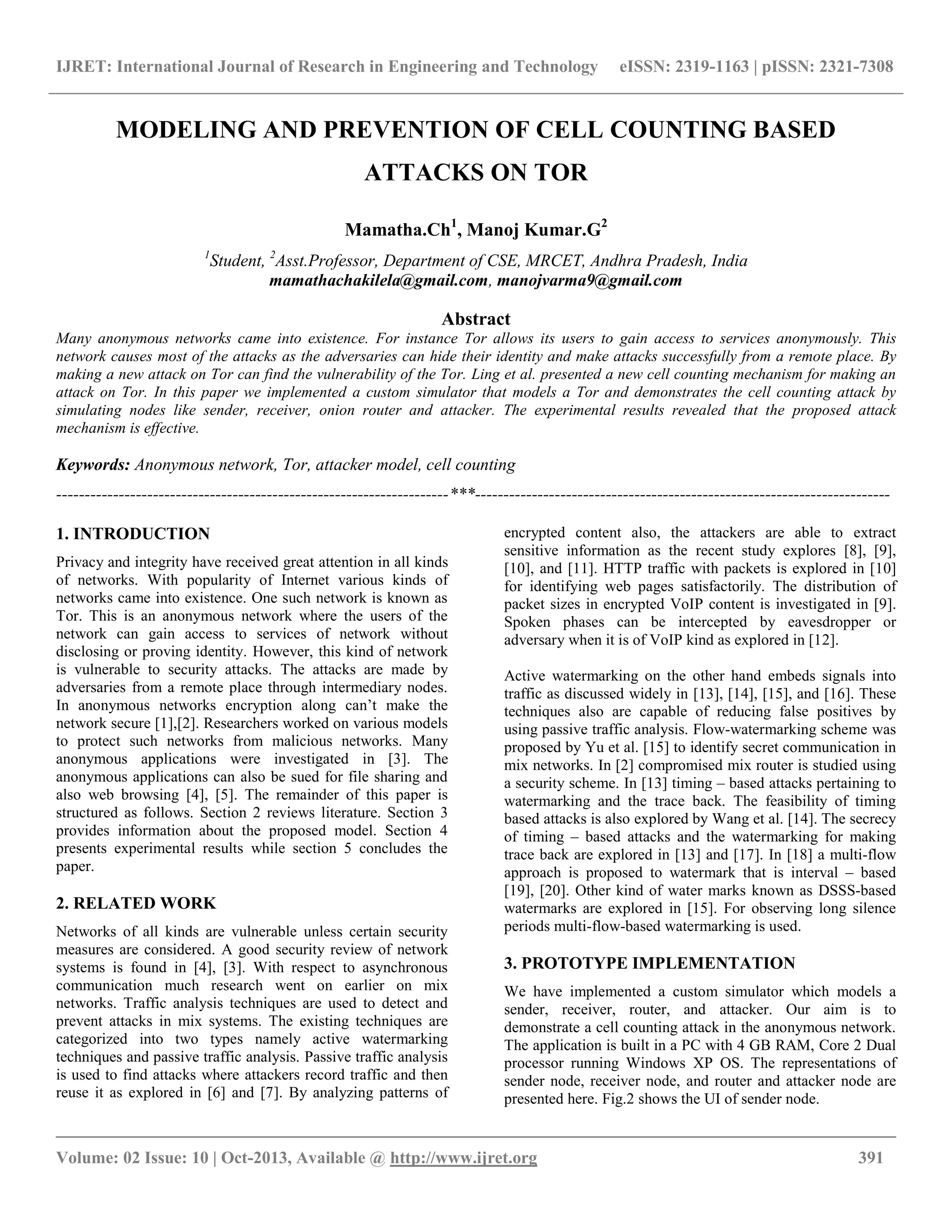 Modeling and prevention of cell counting based attacks on tor | PDF