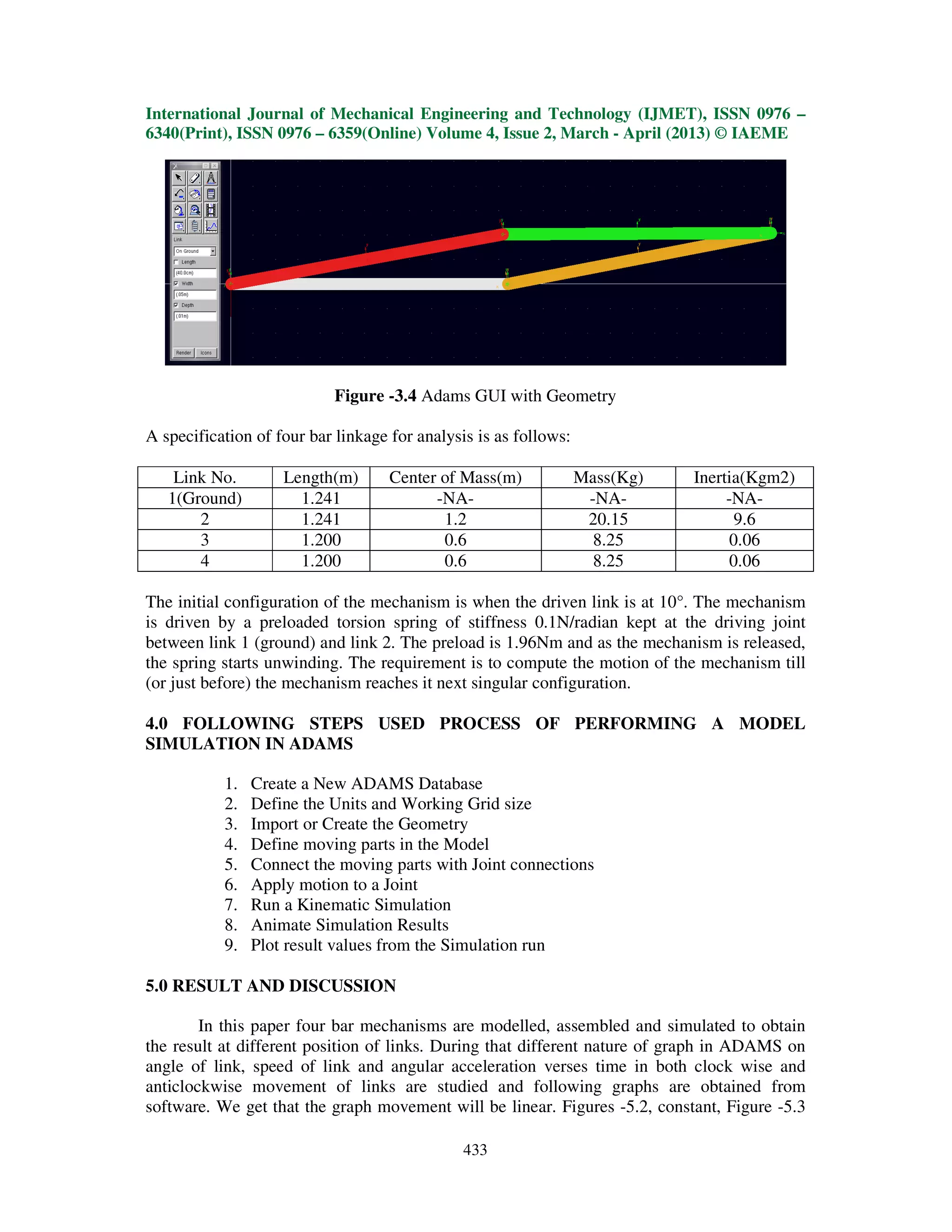 Modeling and simulation of four bar planar mechanisms using adams | PDF