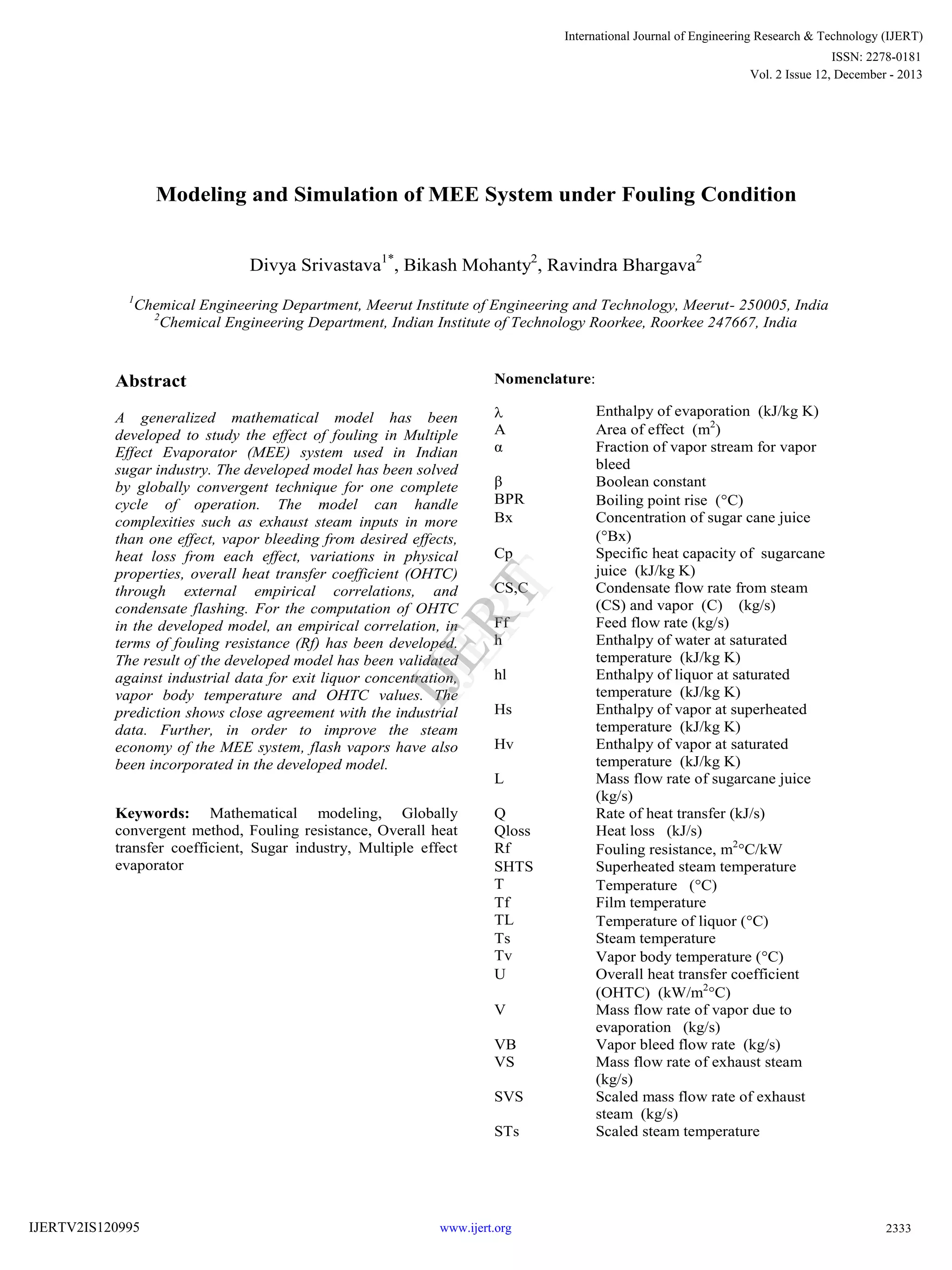 Modeling and simulation of mee system under fouling condition | PDF