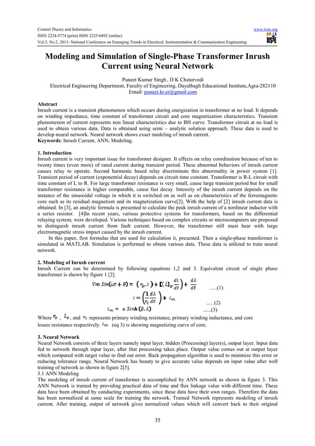 Modeling and simulation of single phase transformer inrush current using neural network | PDF