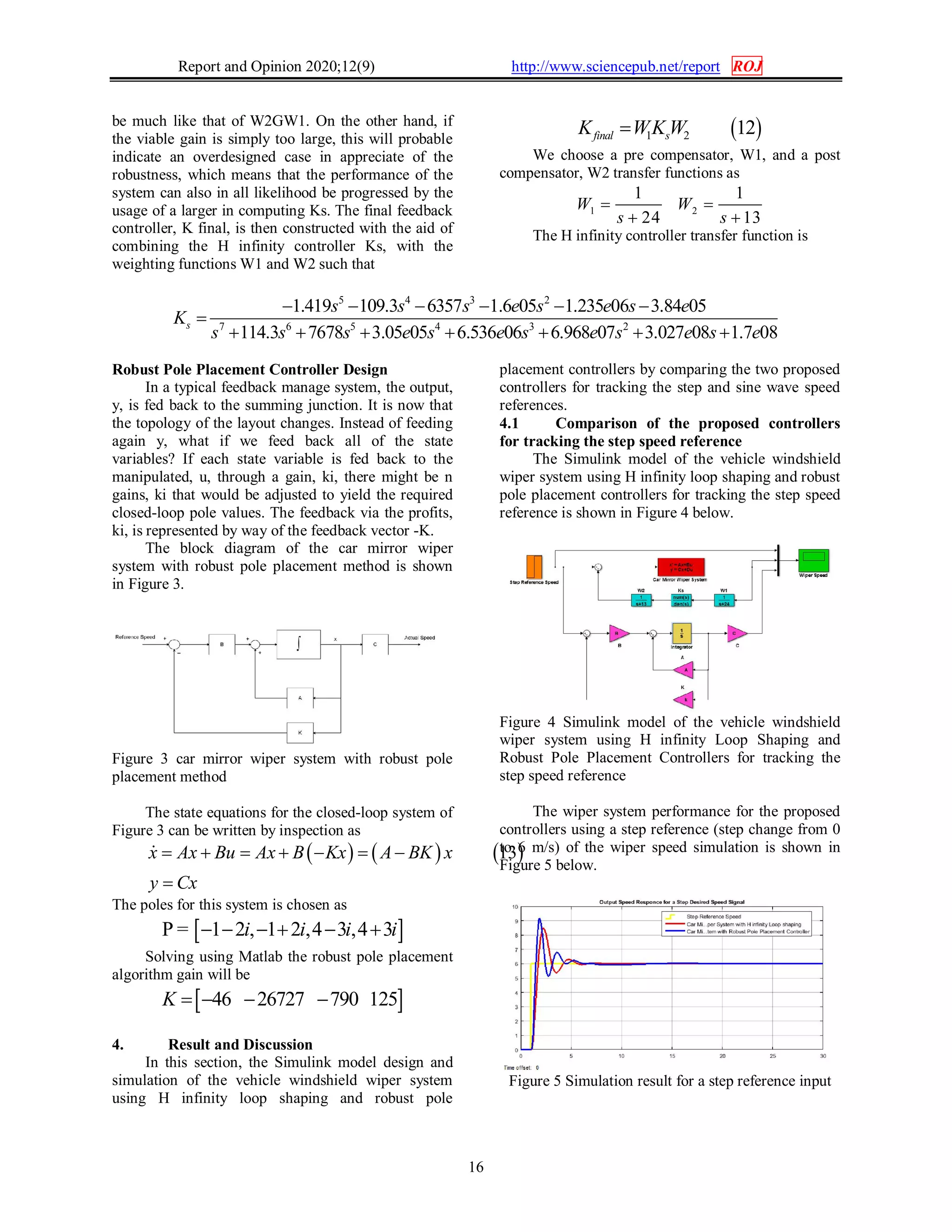 Modeling And Simulation Of Vehicle Windshield Wiper System Using H Infinity Loop Shaping And 