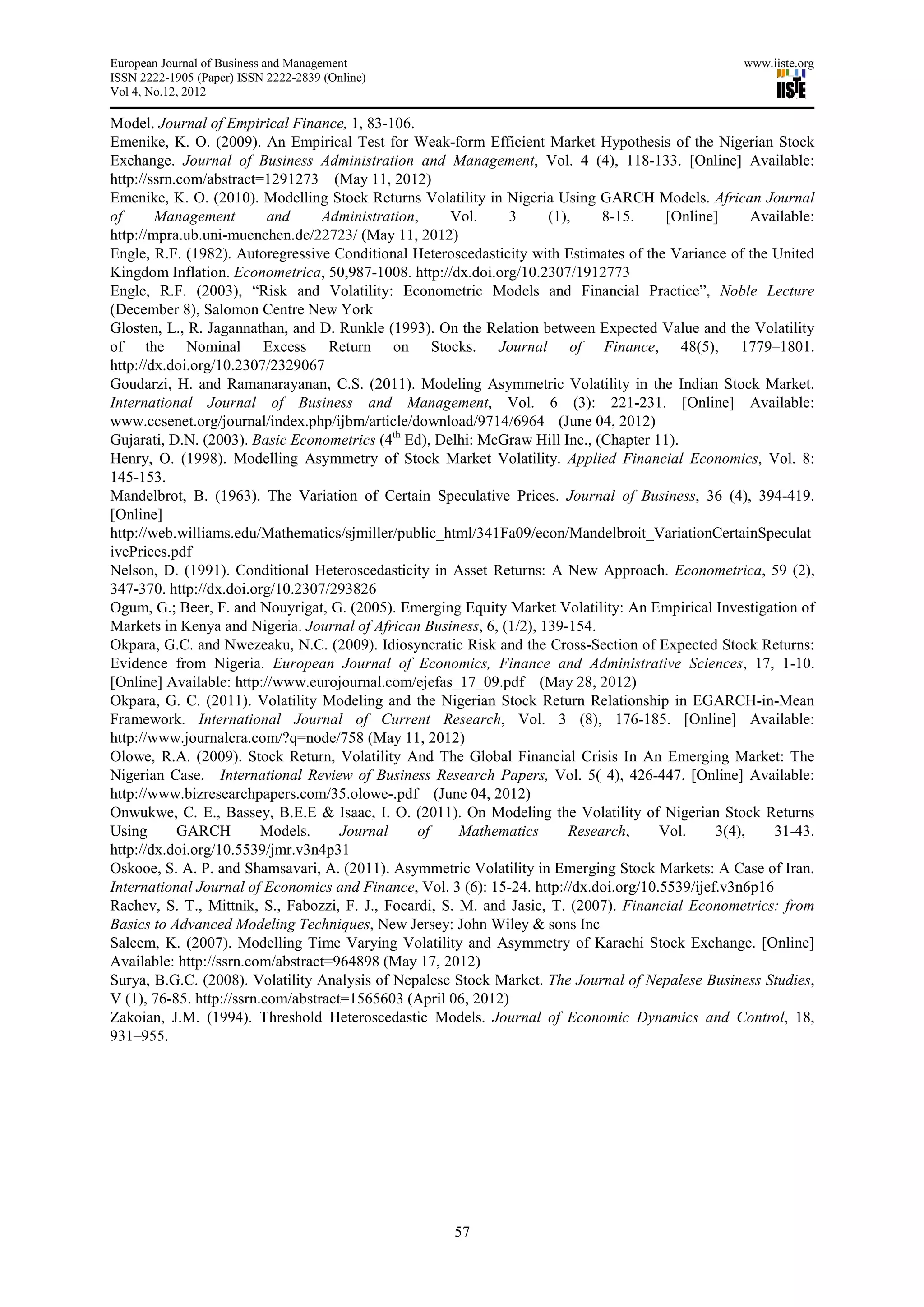 Modeling asymmetric volatility in the nigerian stock exchange | PDF