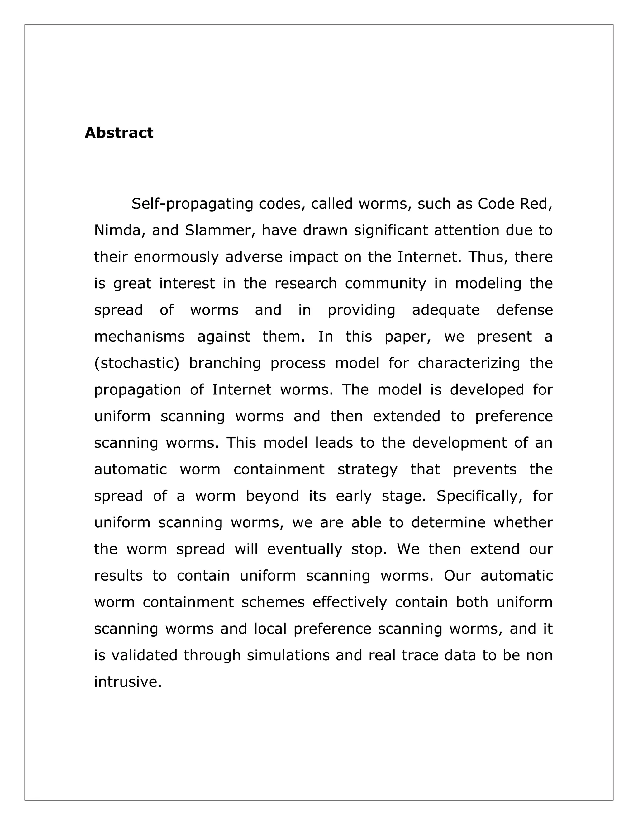 Modeling & automated containment of worms(synopsis) | DOC