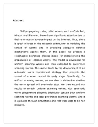 Modeling & automated containment of worms(synopsis) | DOC