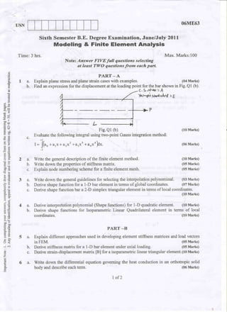 6th Semester Mechanical Engineering: Modeling & finite element analysis (2011 June Question ...