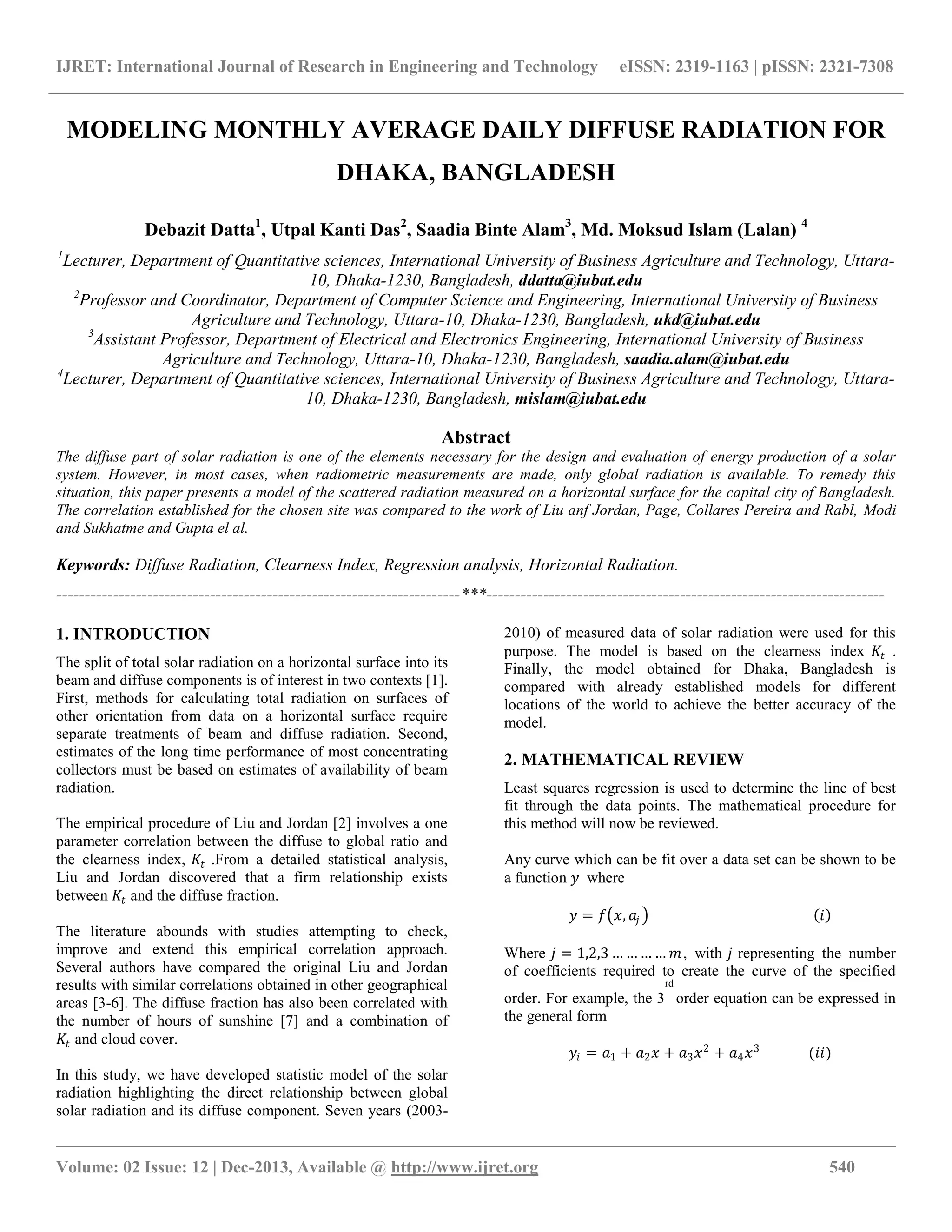 Modeling monthly average daily diffuse radiation for dhaka, bangladesh | PDF