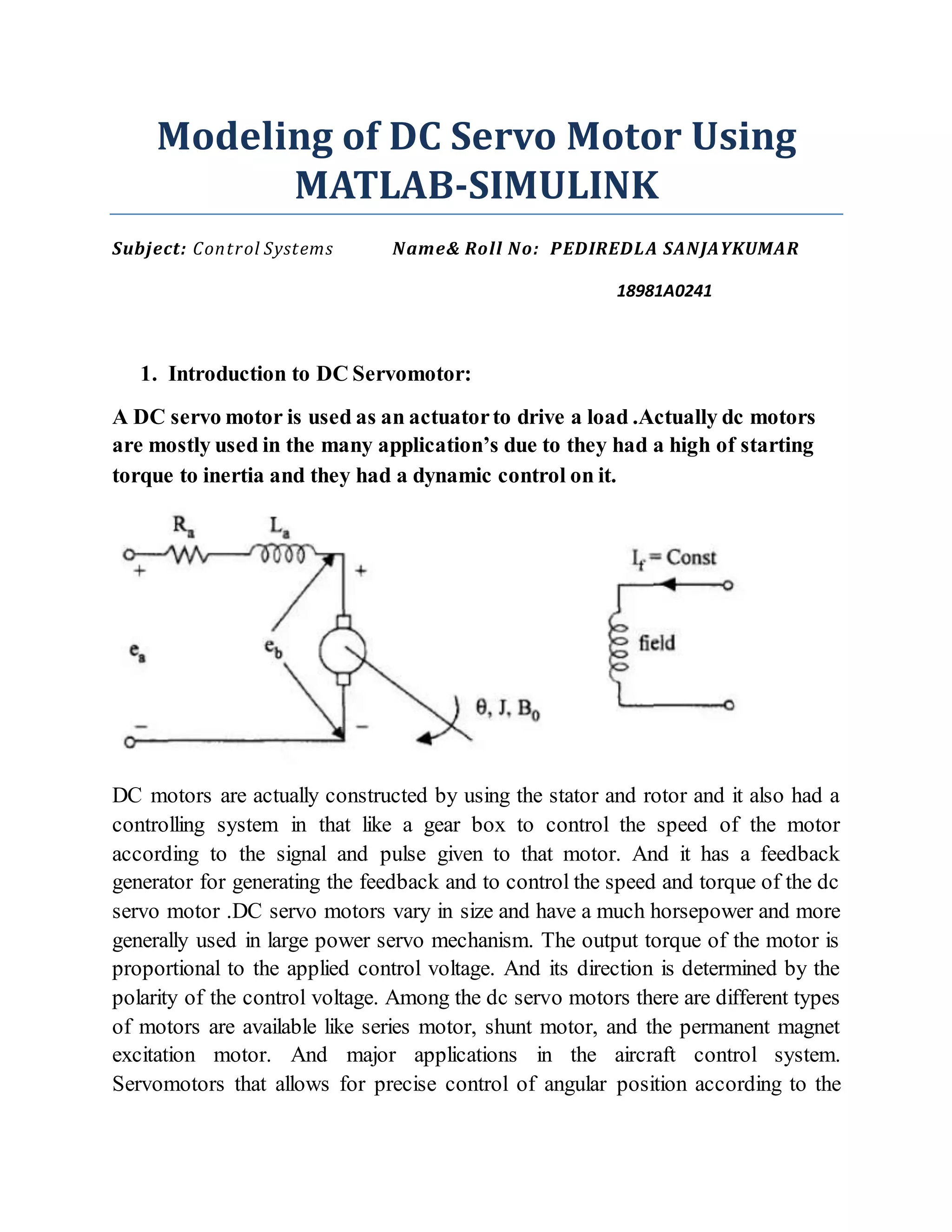 MODELLING OF DC SERVO MOTOR USING MATLAB-SIMULINK | DOCX