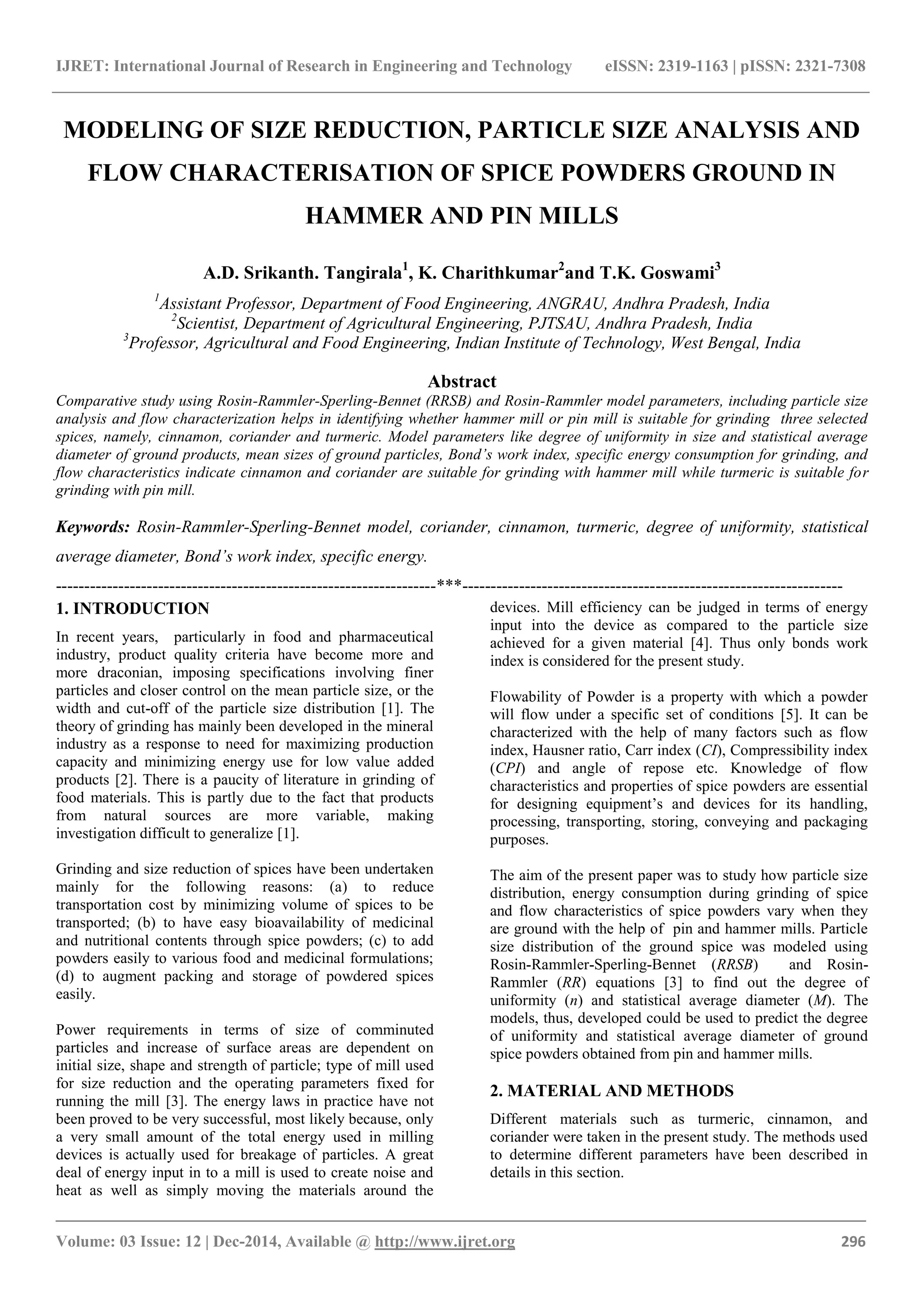 Modeling of size reduction, particle size analysis and flow characterisation of spice powders ...