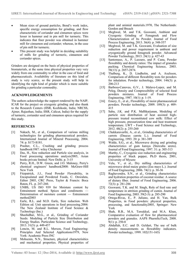 Modeling of size reduction, particle size analysis and flow characterisation of spice powders ...